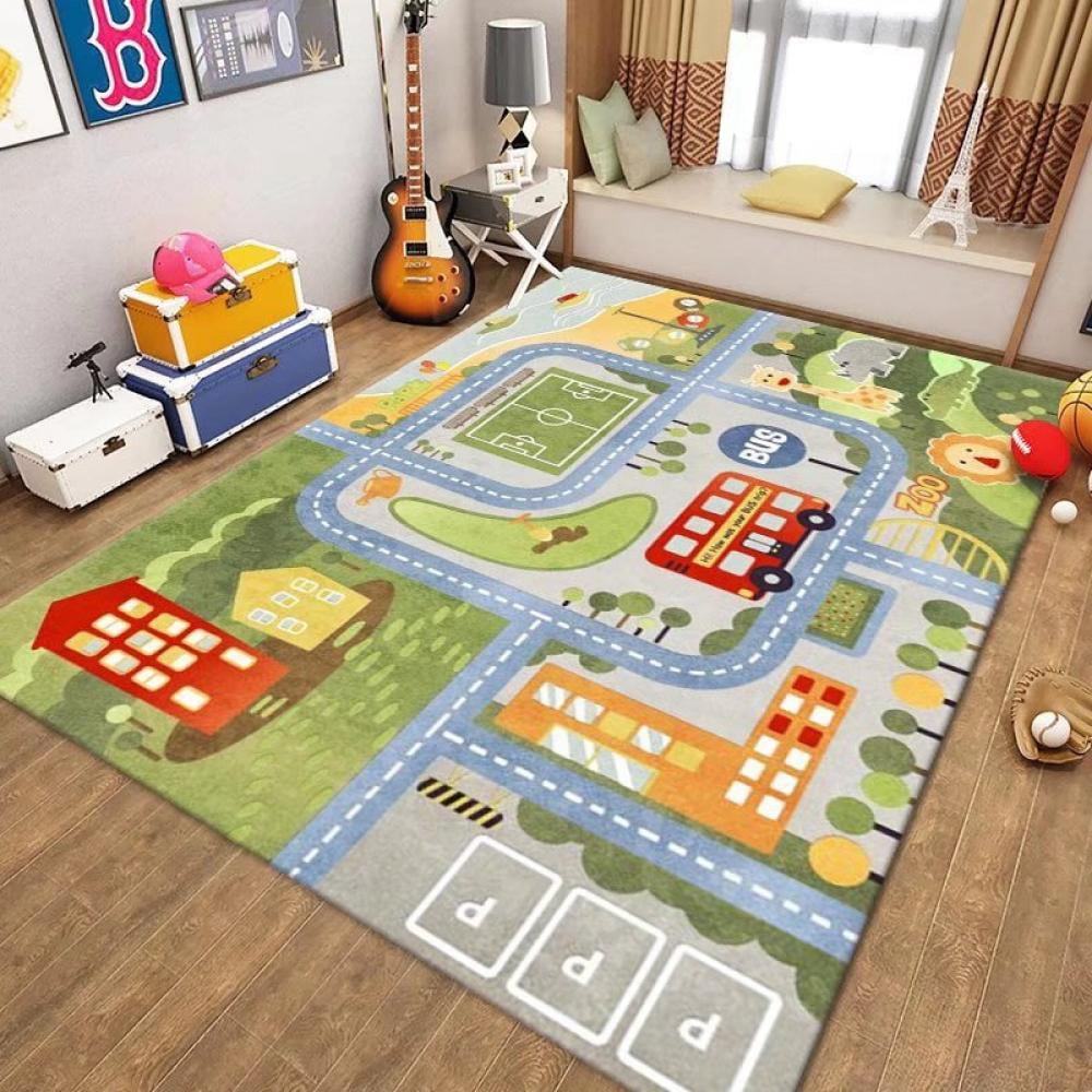 Road Map Activity Rug, Bright and Clear City Life Scenes Traffic Game ...