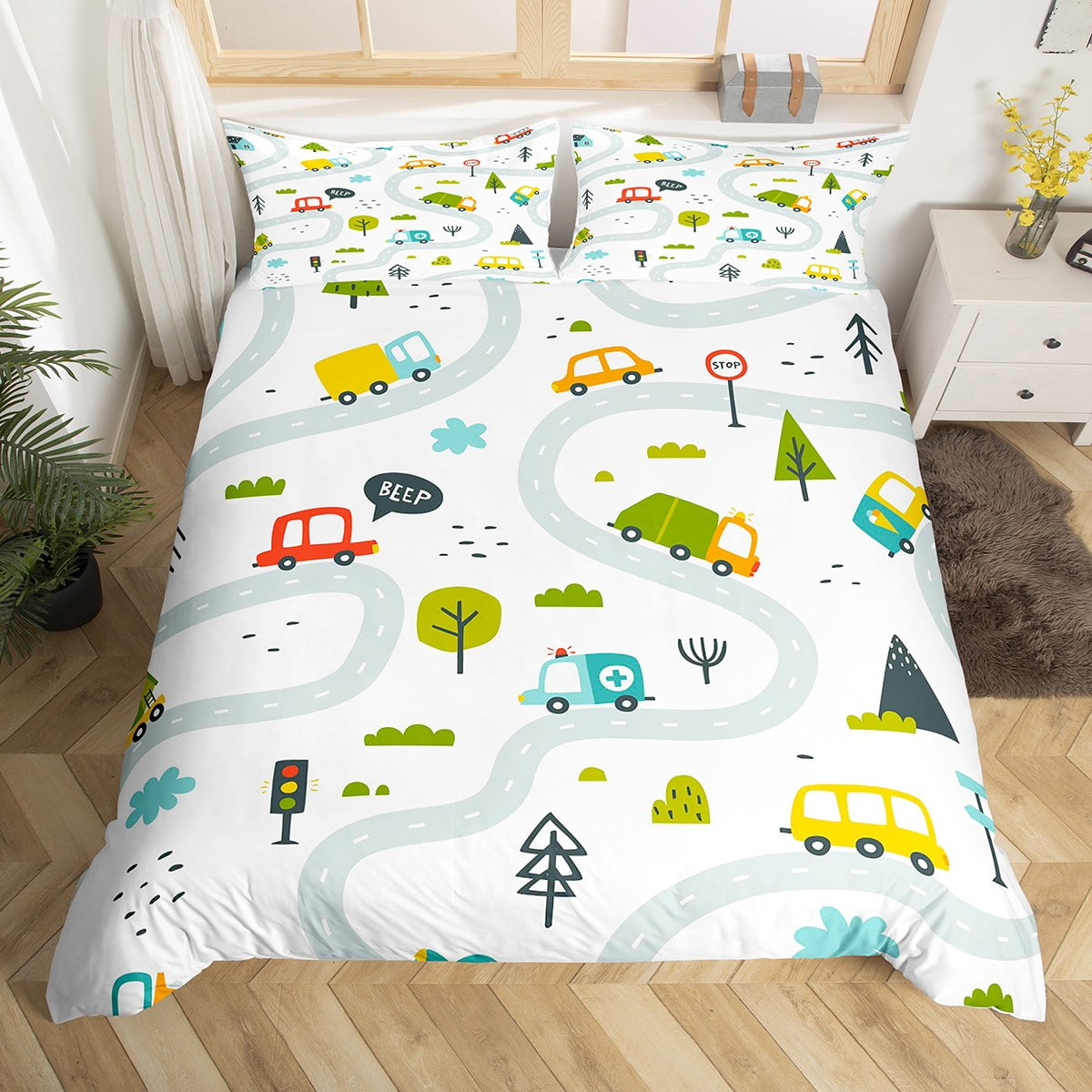 Road Map Duvet Cover King, Highway Traffic Bedding Set, Cartoon Cars ...