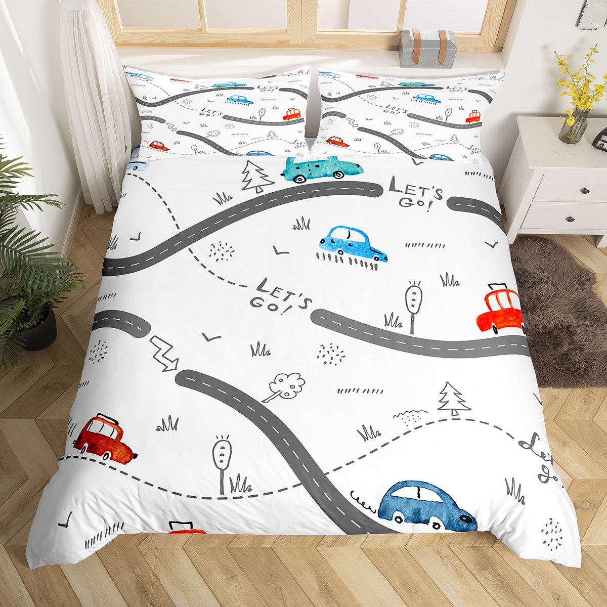 Road Signs Duvet Cover King, Small Cars Bedding Set, Cartoon Vehicle ...