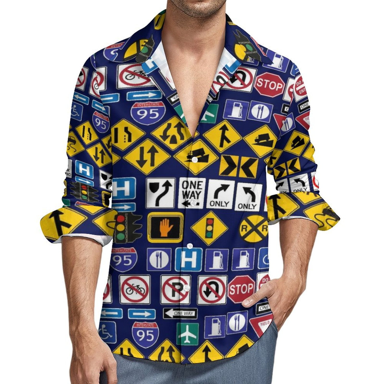 Road Signs, Regulations Signs Hawaiian Shirt for Men Long Sleeve Button ...
