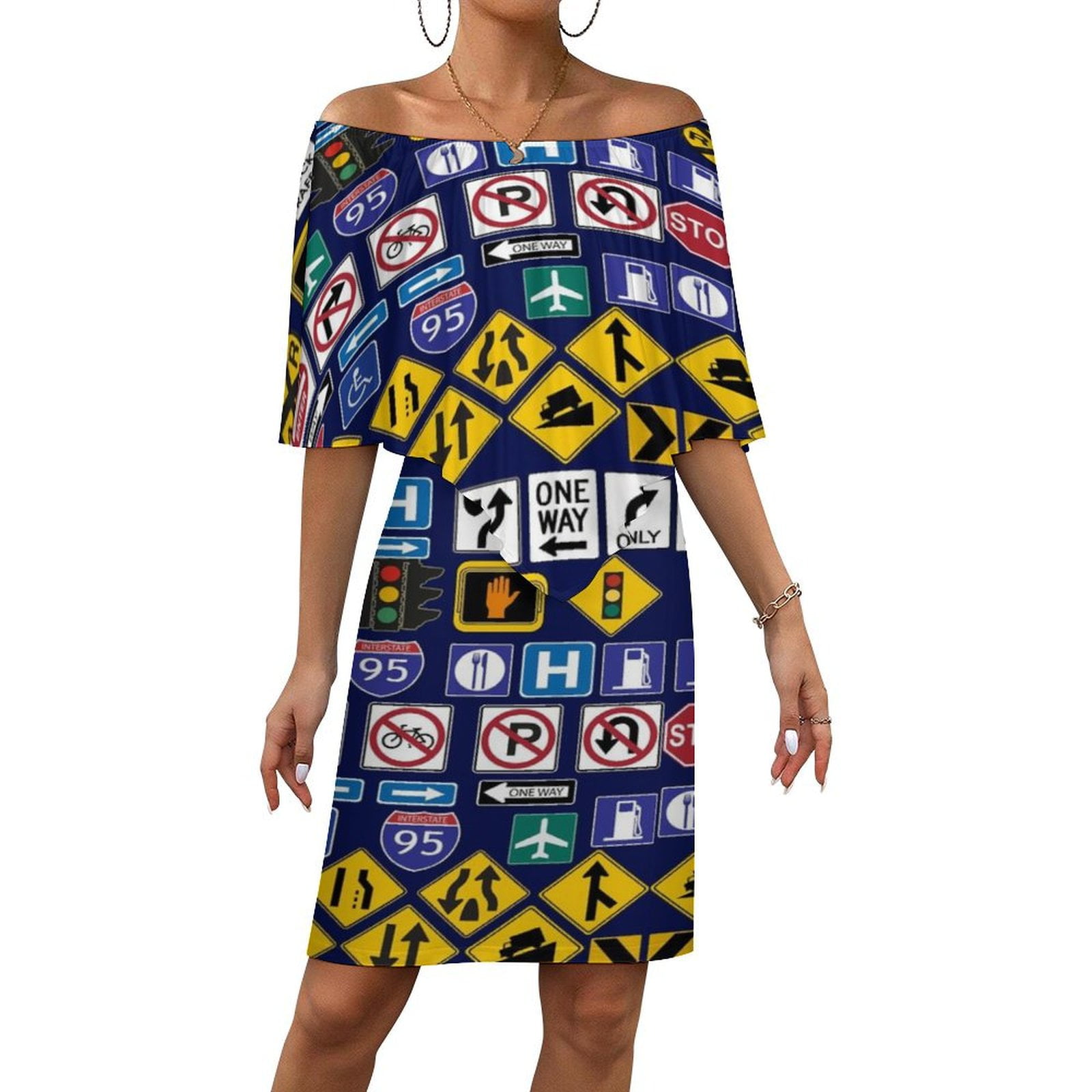 Road Signs, Regulations Signs Women's Off The Shoulder Ruffles Summer ...