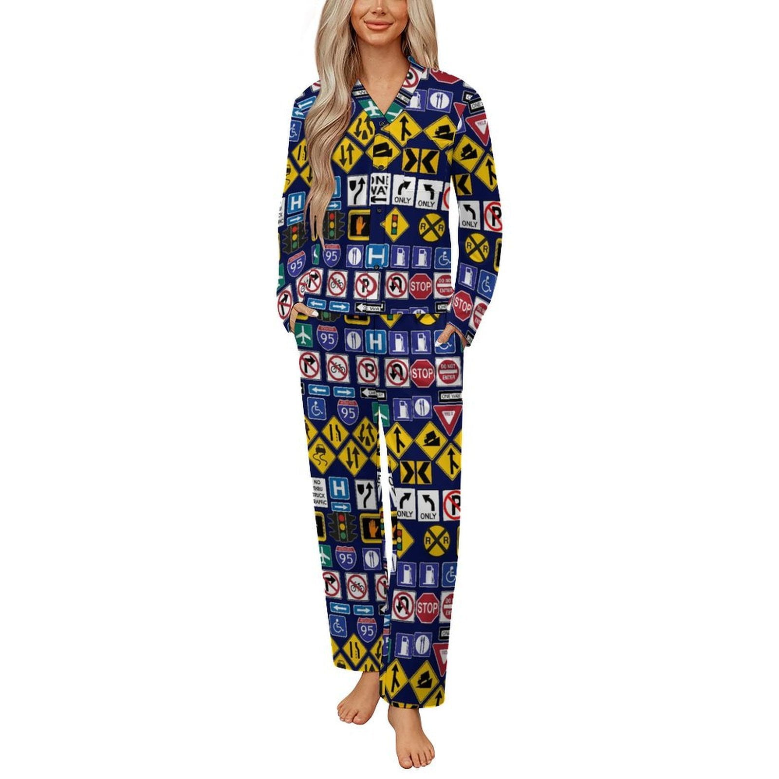 Road Signs, Regulations Signs Womens Pyjamas Set Button Up Pyjamas ...