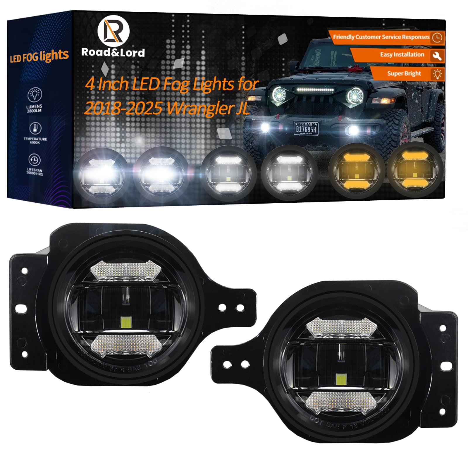 RoadandLord 4" Round LED RRF12 Fog Lights w/DRL for Wrangler JL JLU ...