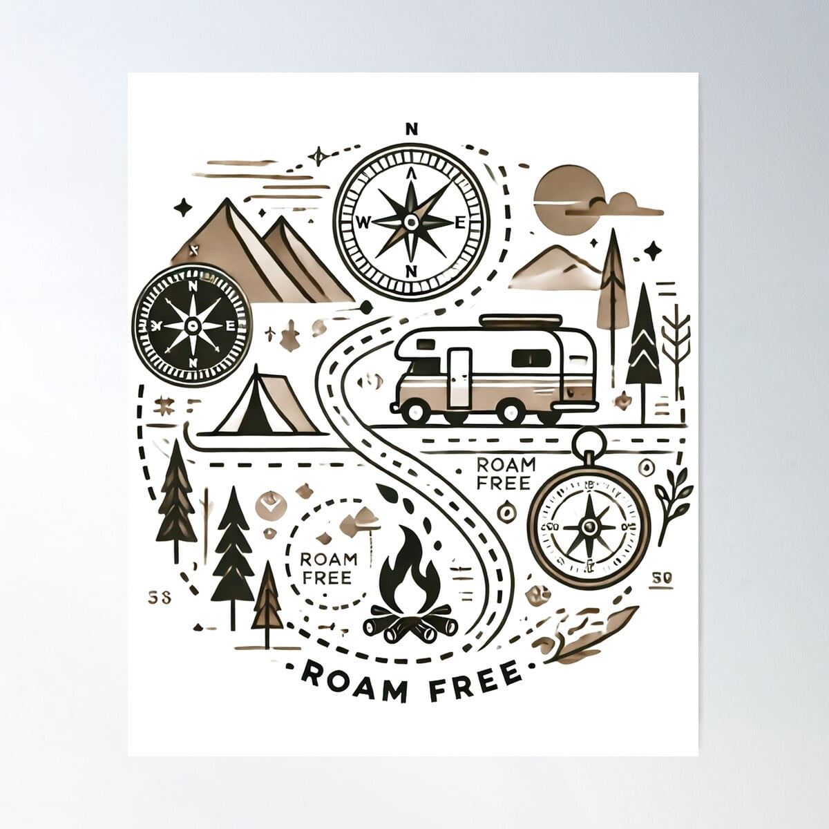 Roam Free – Vintage Camper Van & Adventure Map Poster Wall Art, Modern ...