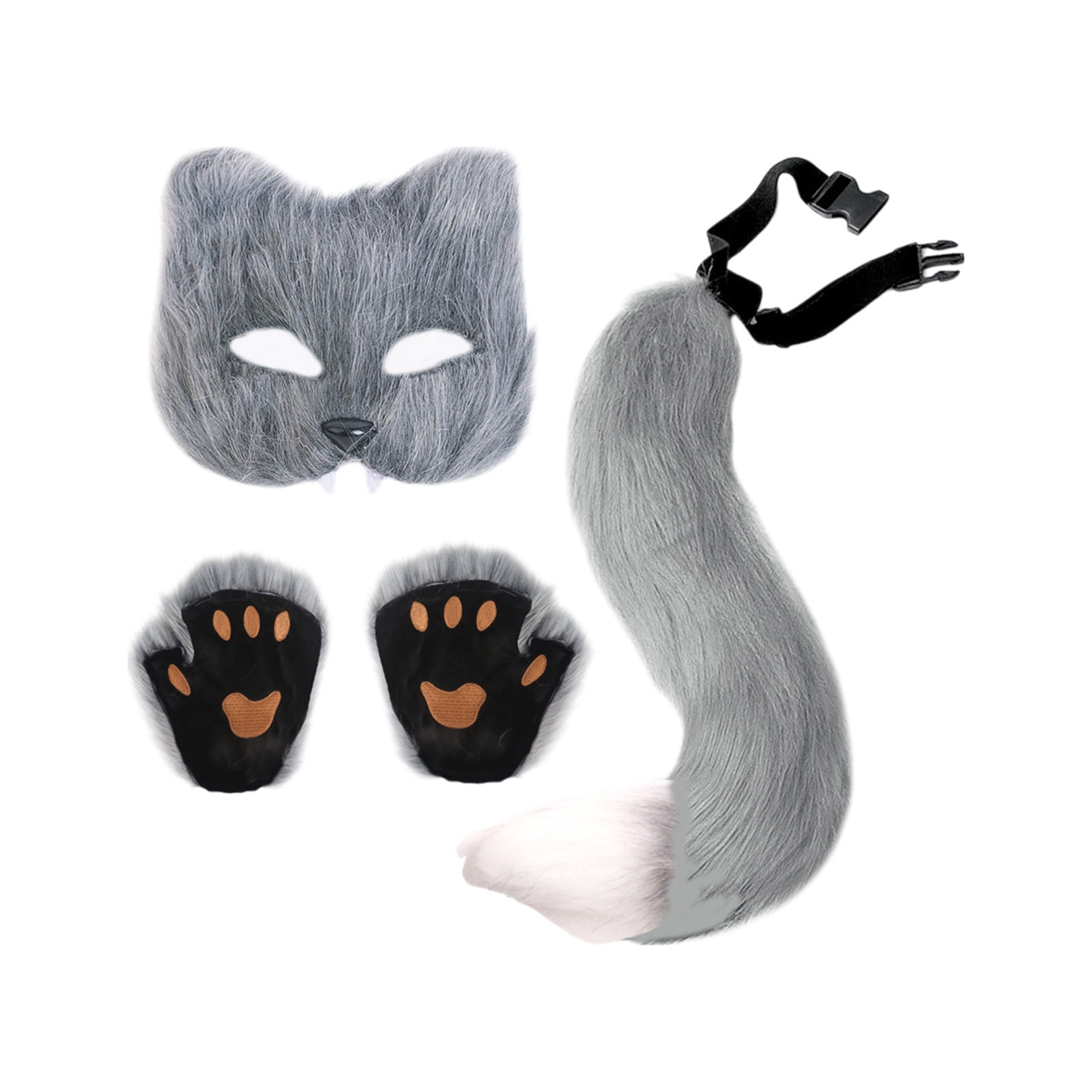 RoamHome Wolf Fox Tail Clip Ears & Gloves Set - Faux Fur Halloween ...