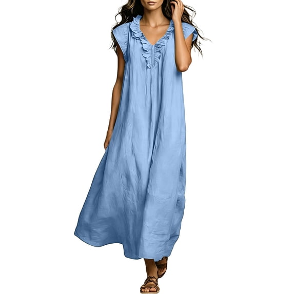 RoamHome Women’s Ruffle V Neck Flutter Sleeve Maxi Dress, Solid Cotton ...