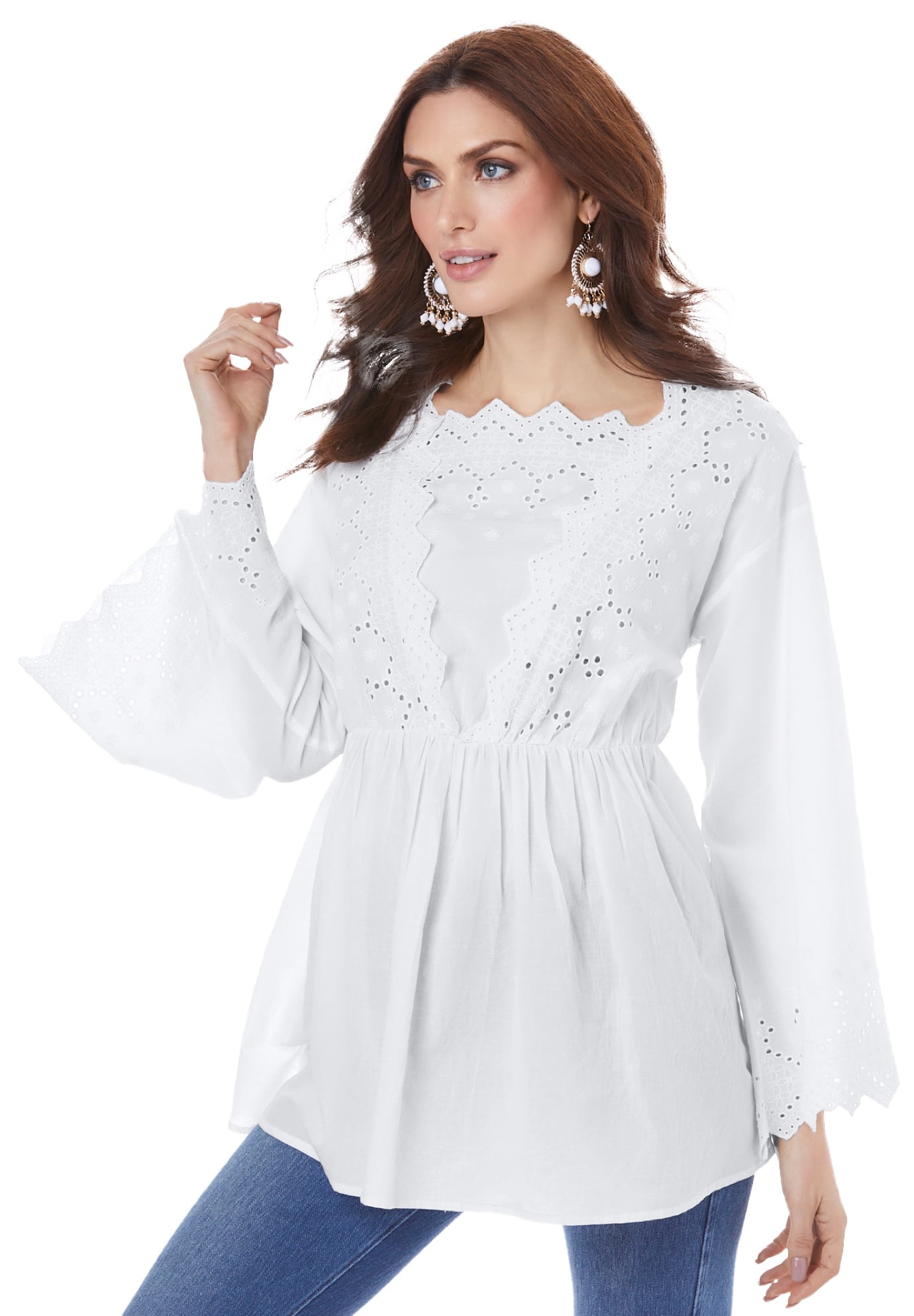 Roaman's Women's Plus Size Angel-Sleeve Eyelet Tunic. - 20 W, White ...