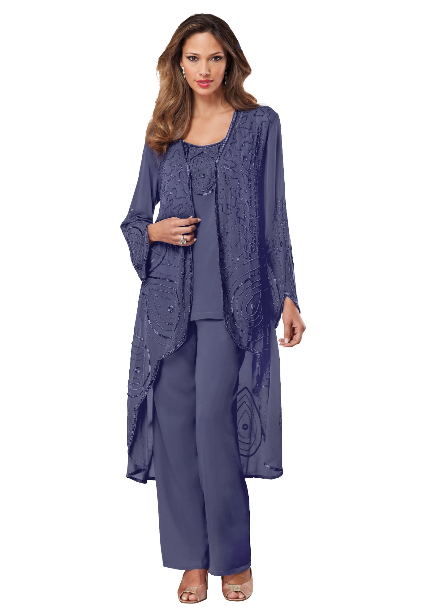 Roaman's Women's Plus Size Plus Size Beaded Georgette 3-Piece Pant Set ...