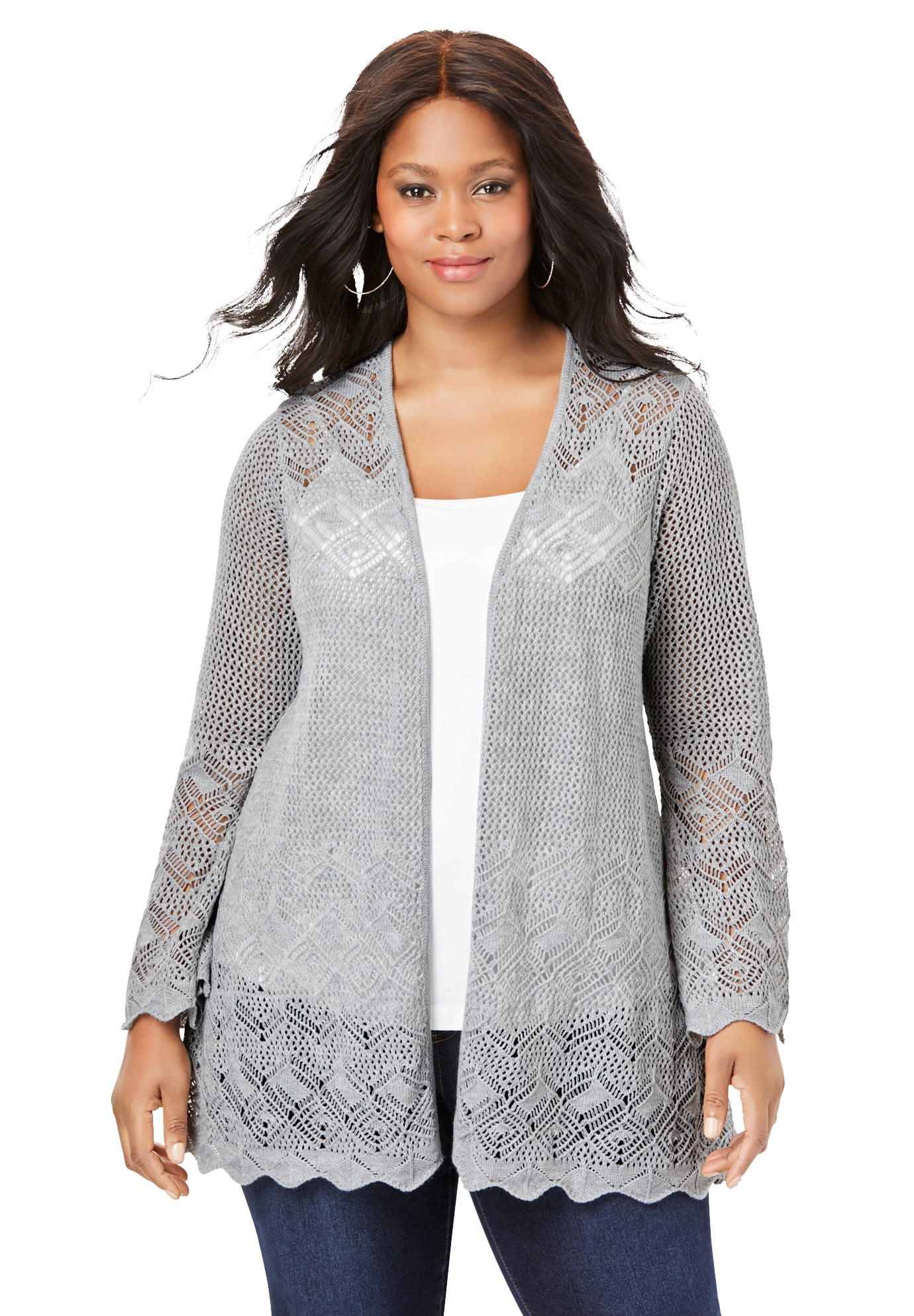 Roaman's Women's Plus Size Bell Sleeve Pointelle Cardigan - Walmart.com