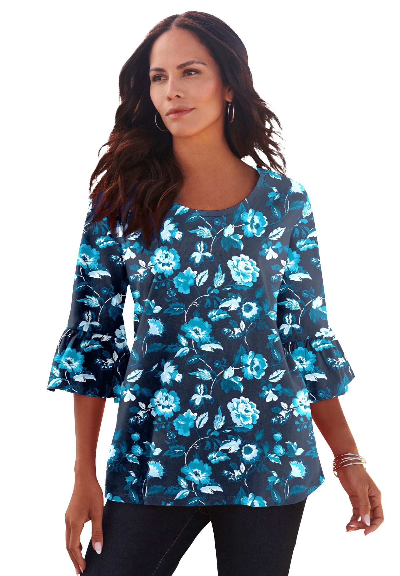 Roaman's Women's Plus Size Cotton Ultimate Bell Sleeve Tee - Walmart.com