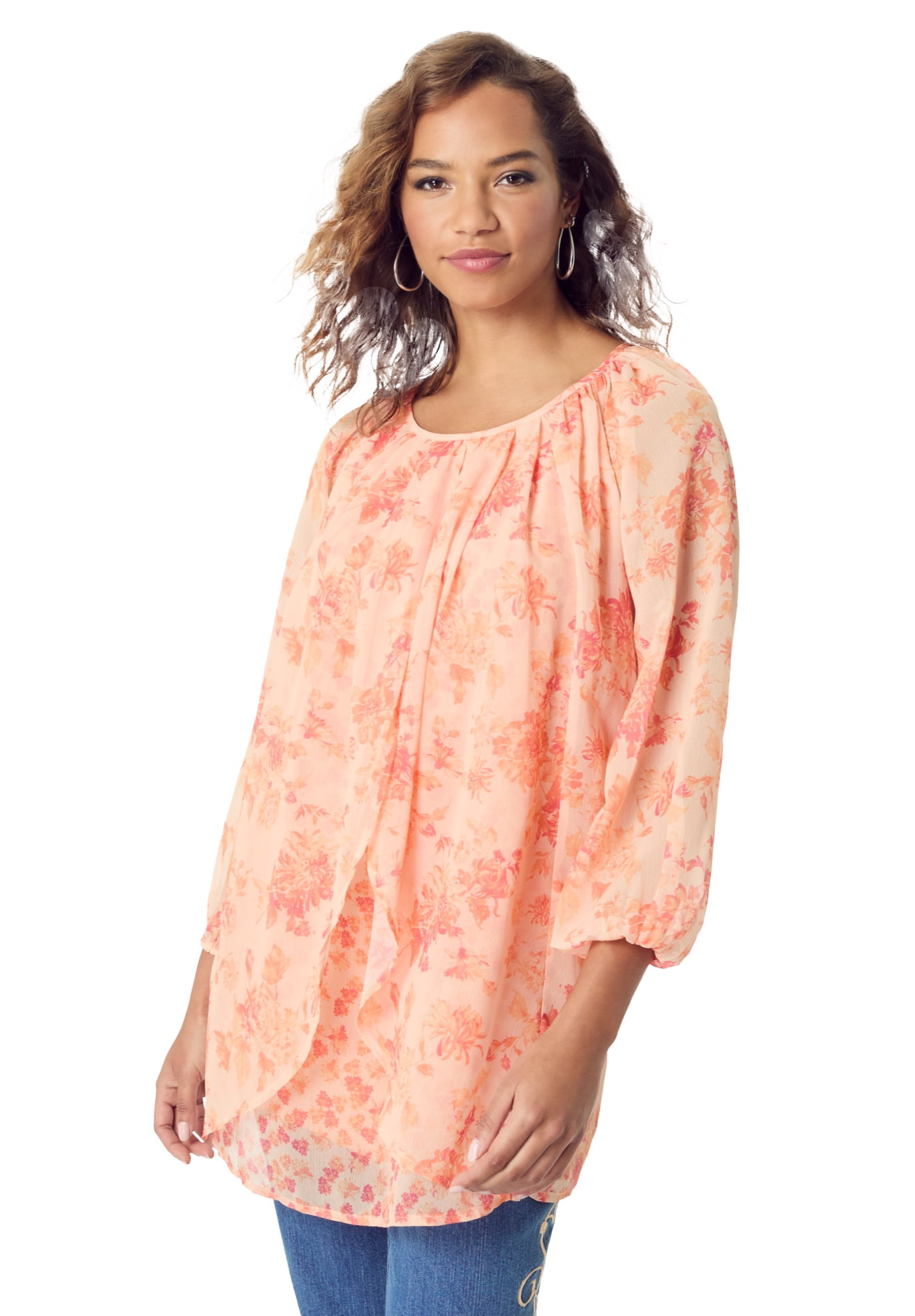 Roaman's Women's Plus Size Blouson Sleeve Overlay Blouse - Walmart.com