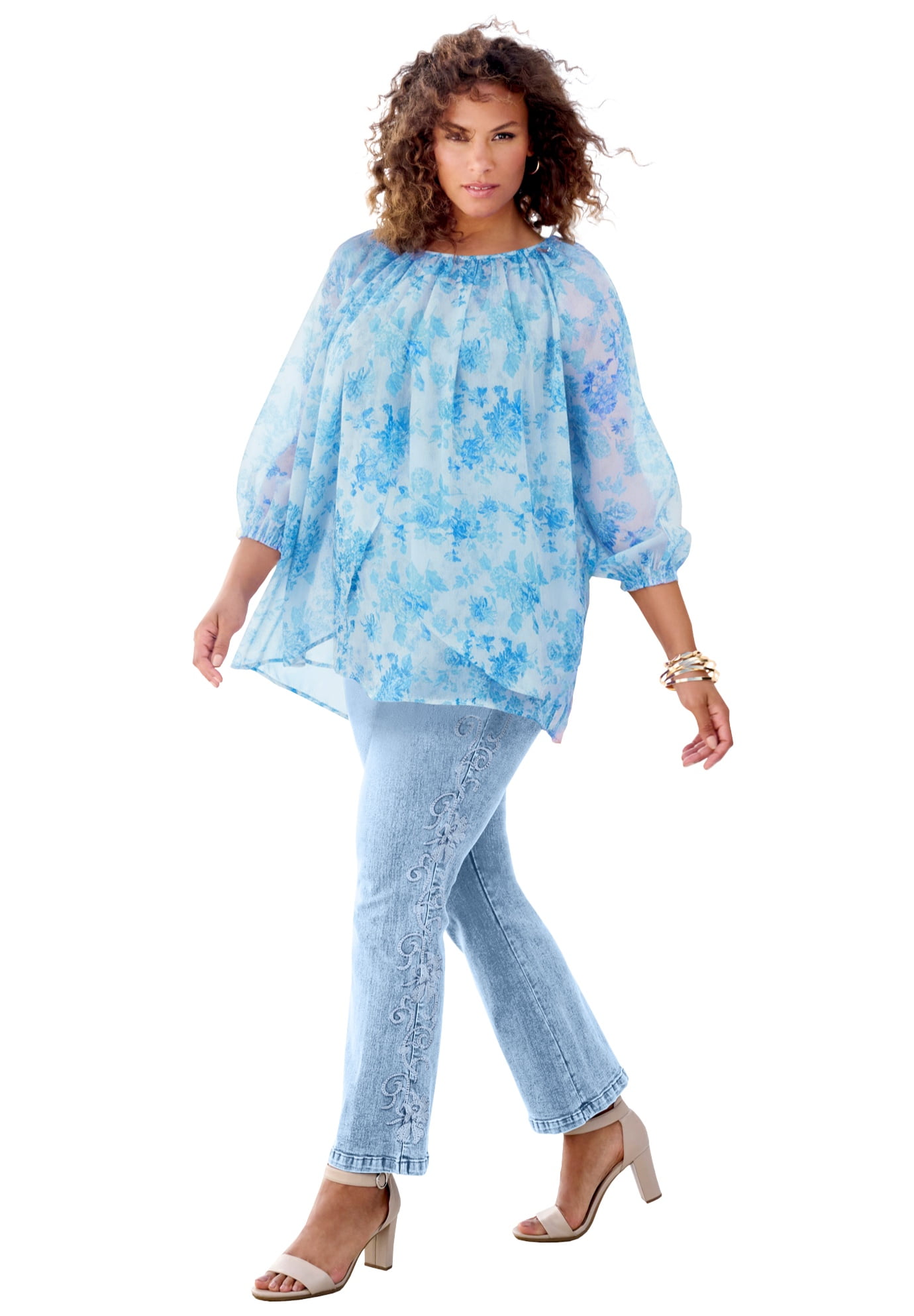 Roaman's Women's Plus Size Blouson Sleeve Overlay Blouse - Walmart.com