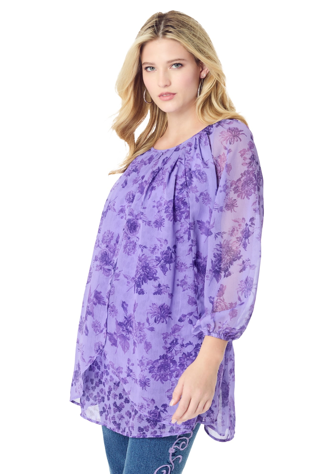Roaman's Women's Plus Size Blouson Sleeve Overlay Blouse - Walmart.com