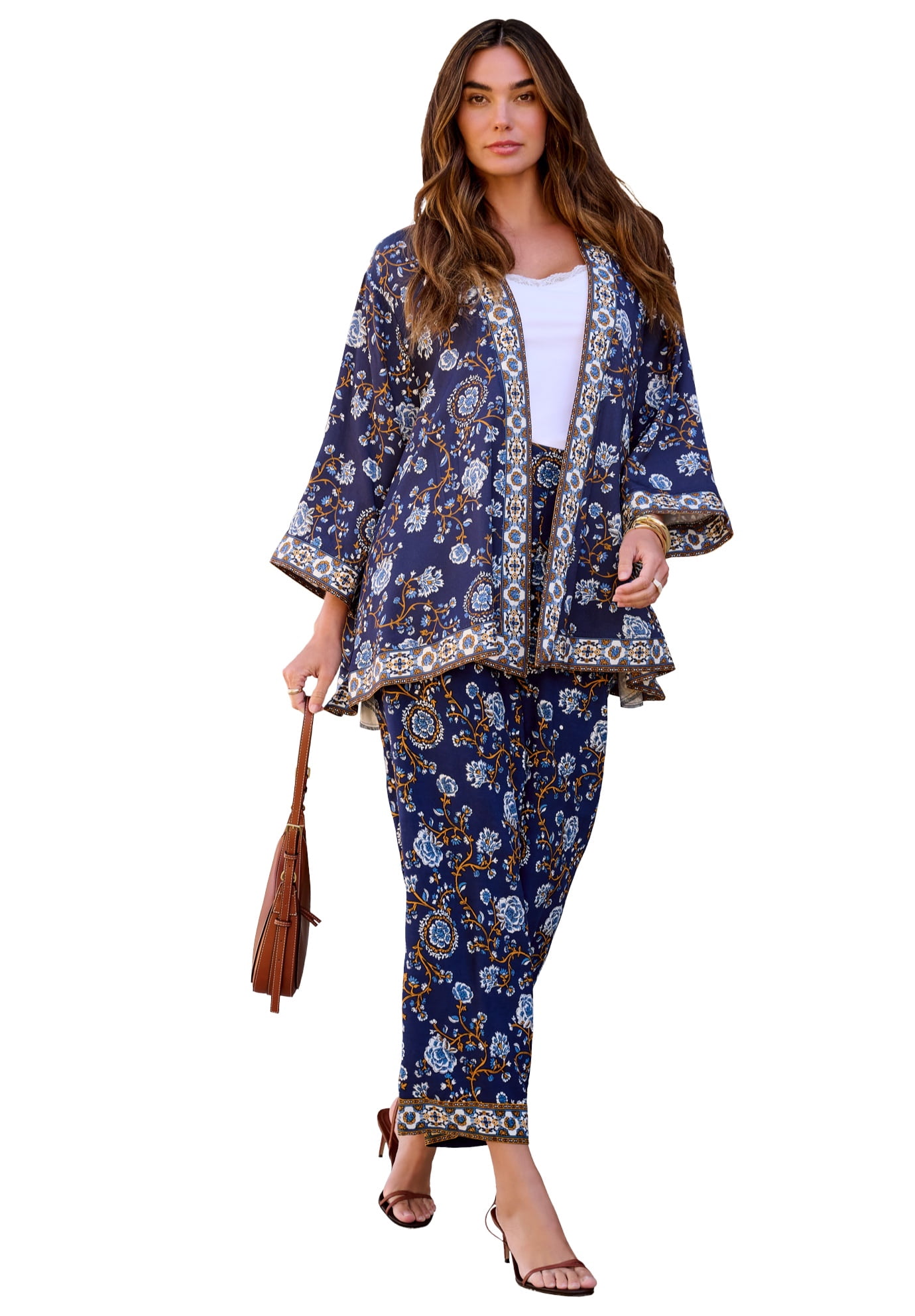 Roaman's Women's Plus Size Border Print Long Sleeve Open Front Jacket ...