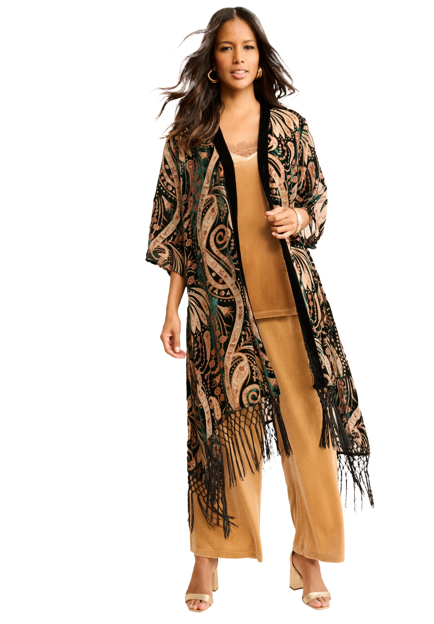 Roaman's Women's Plus Size Burnout Velvet Fringe Duster - Walmart.com