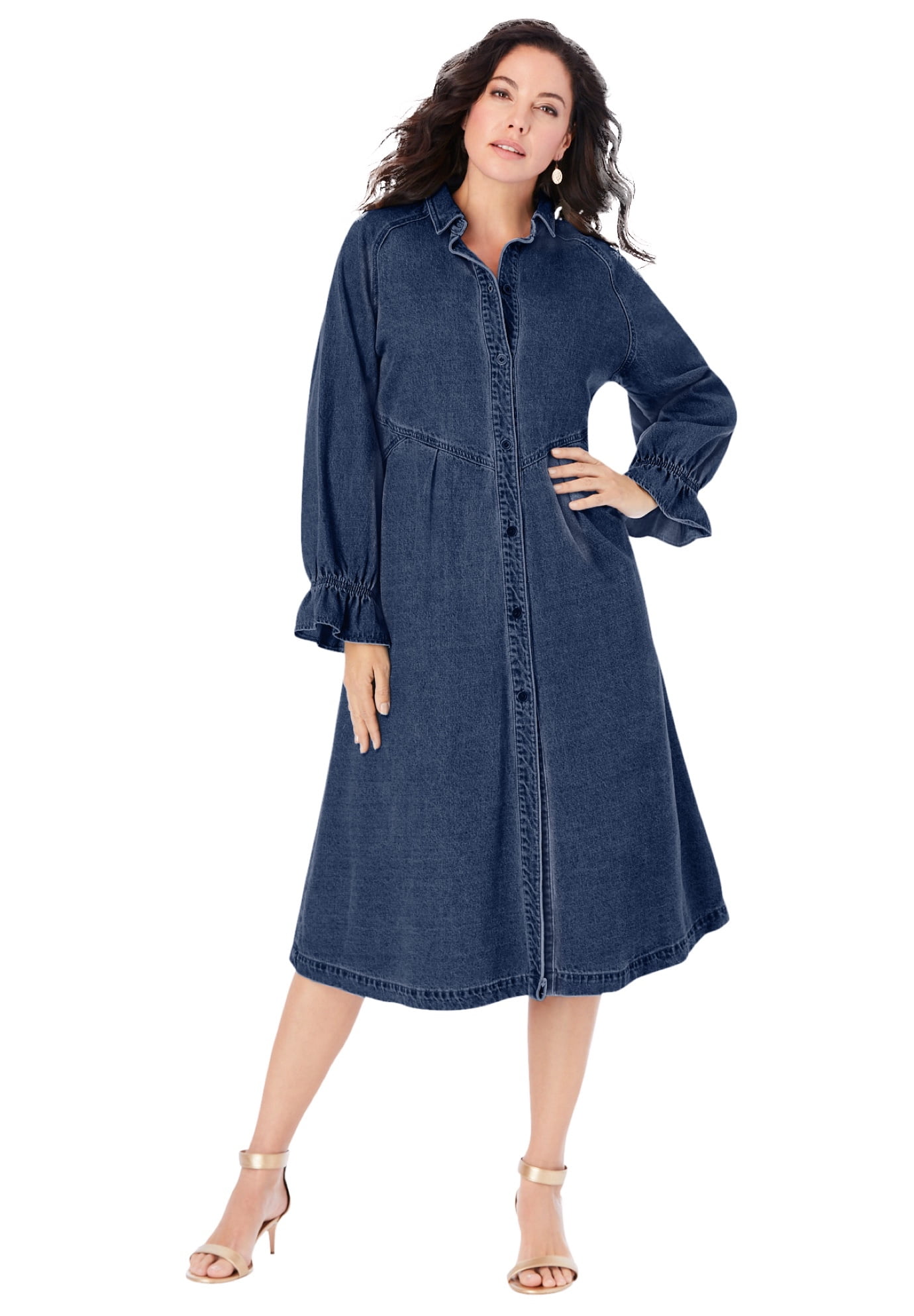 Roaman's Women's Plus Size Button Front Denim Dress - Walmart.com