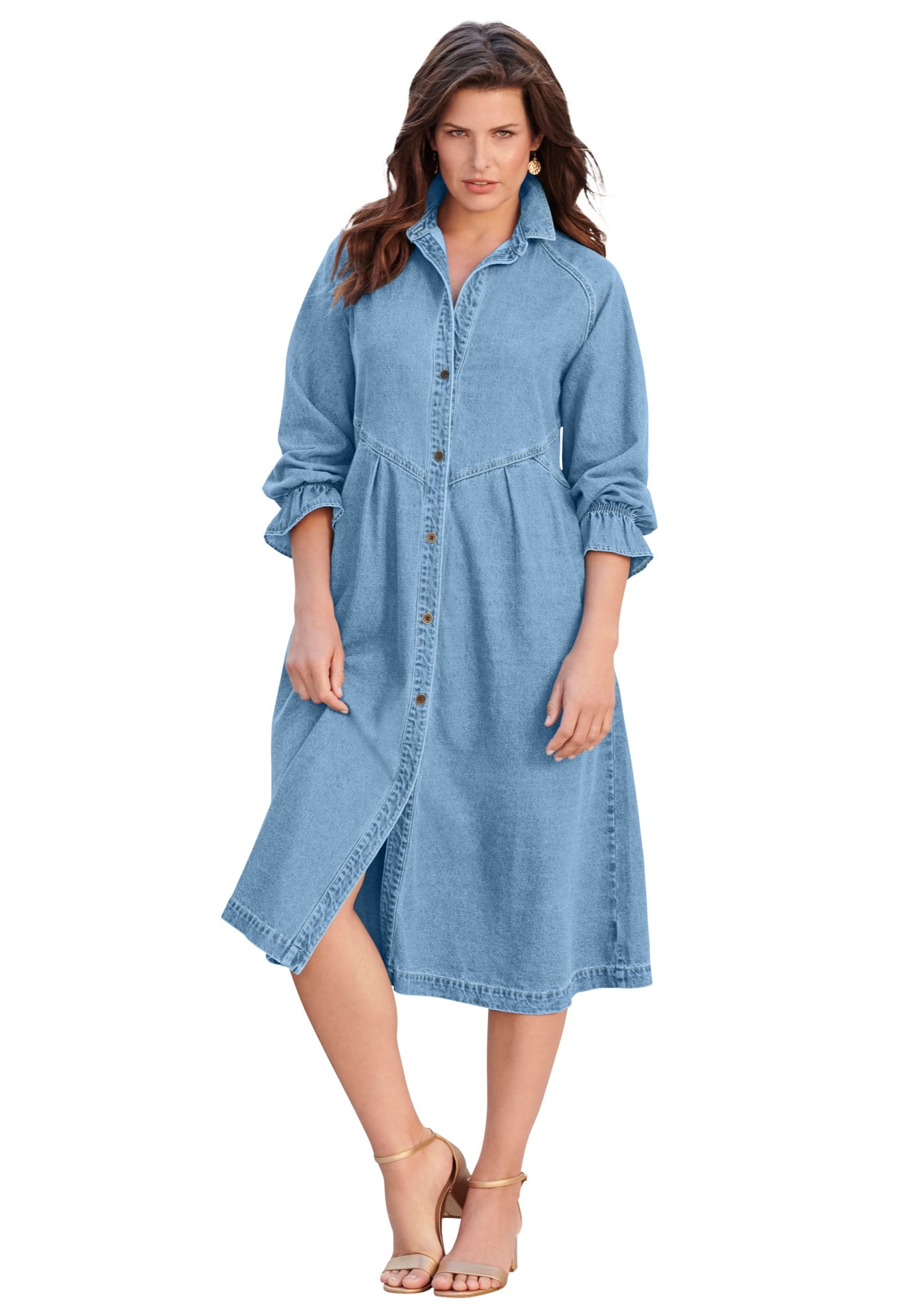 Roaman's Women's Plus Size Button Front Denim Dress - Walmart.com