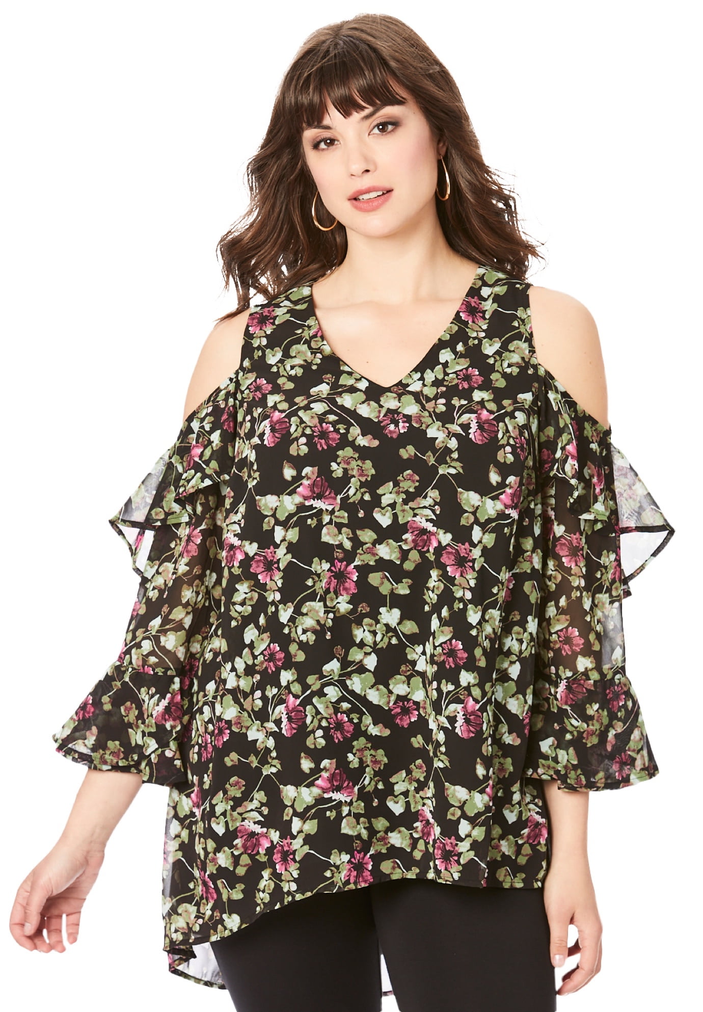 Roaman's Women's Plus Size Cold Shoulder Georgette Big Shirt - 22 W ...