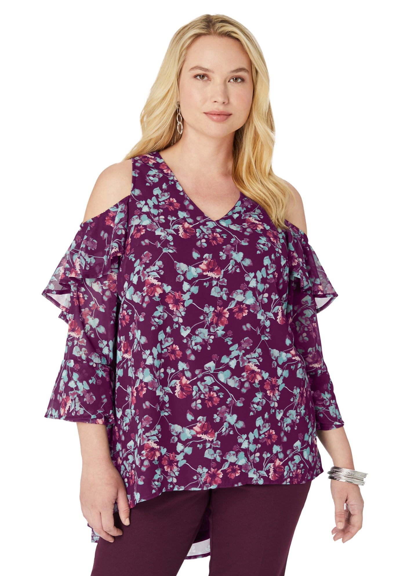 Roaman's Women's Plus Size Cold Shoulder Georgette Big Shirt - Walmart.com