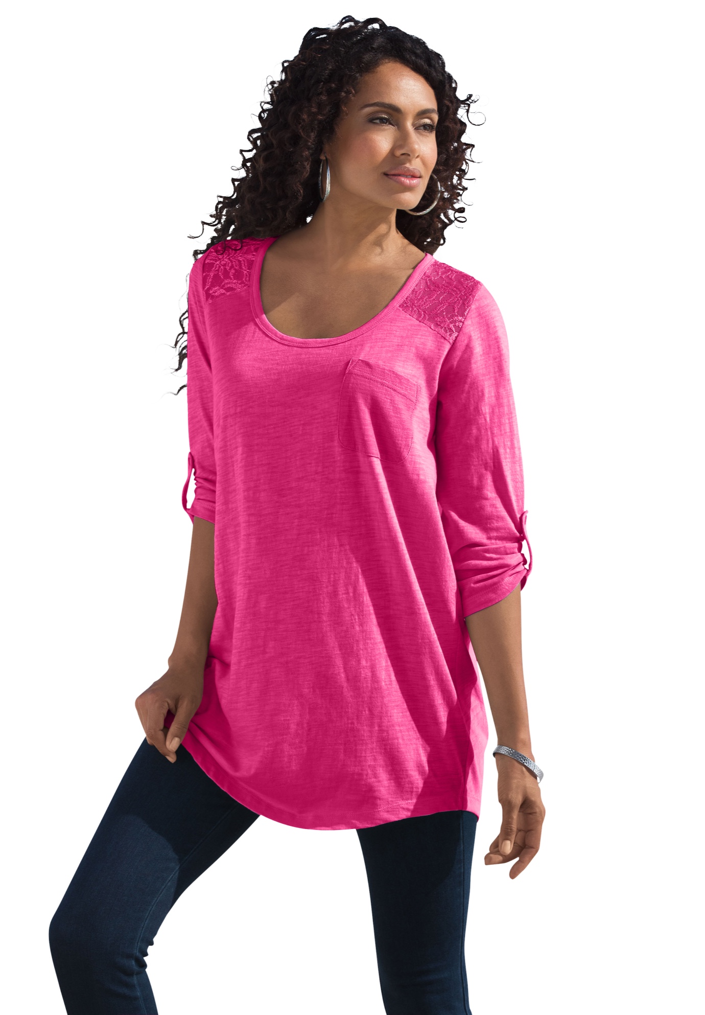 Roaman's Women's Plus Size Textured Lace-Trimmed Tunic - Walmart.com