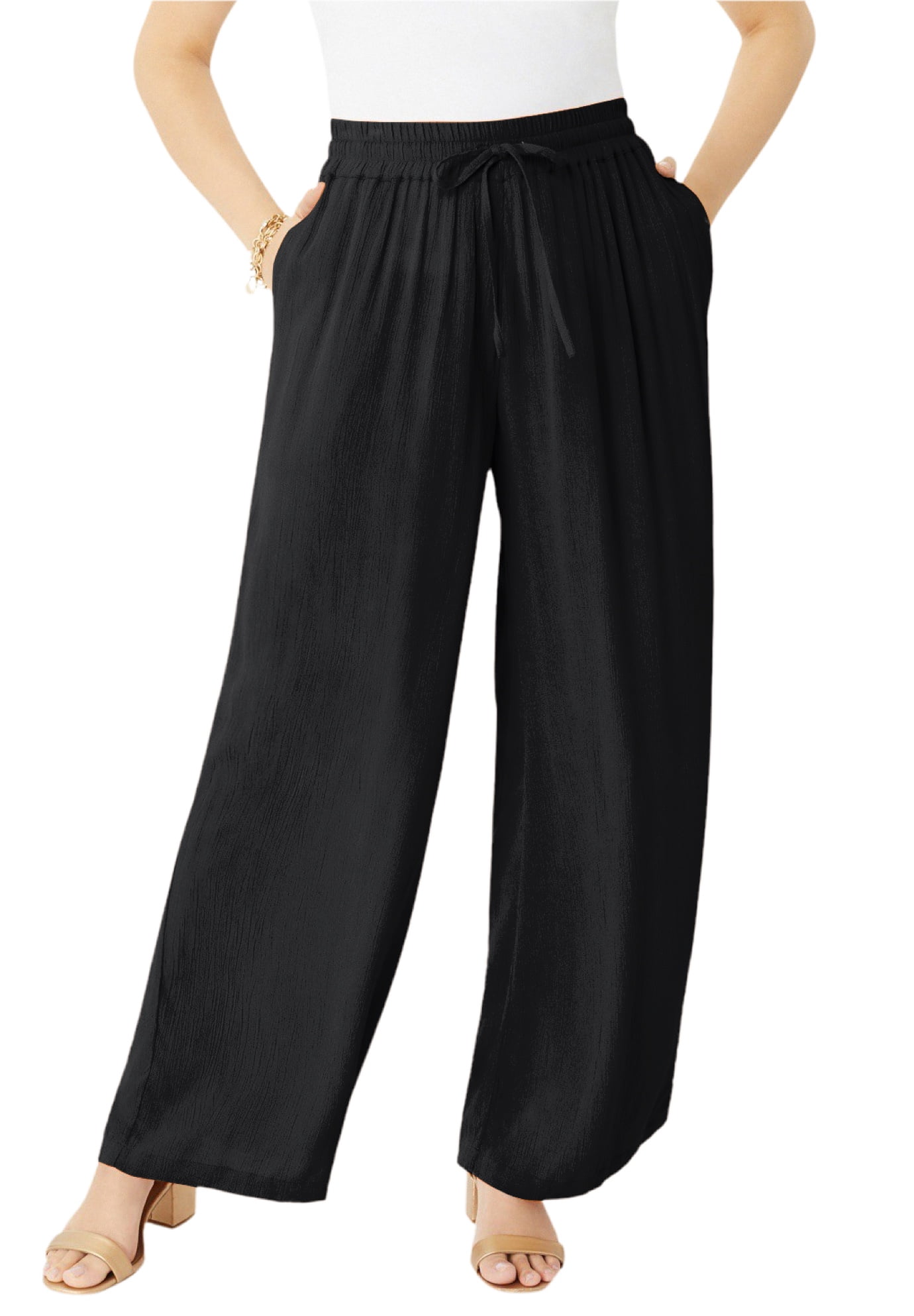 Roaman's Women's Plus Size Hand Crinkled Wide-Leg Pant - Walmart.com
