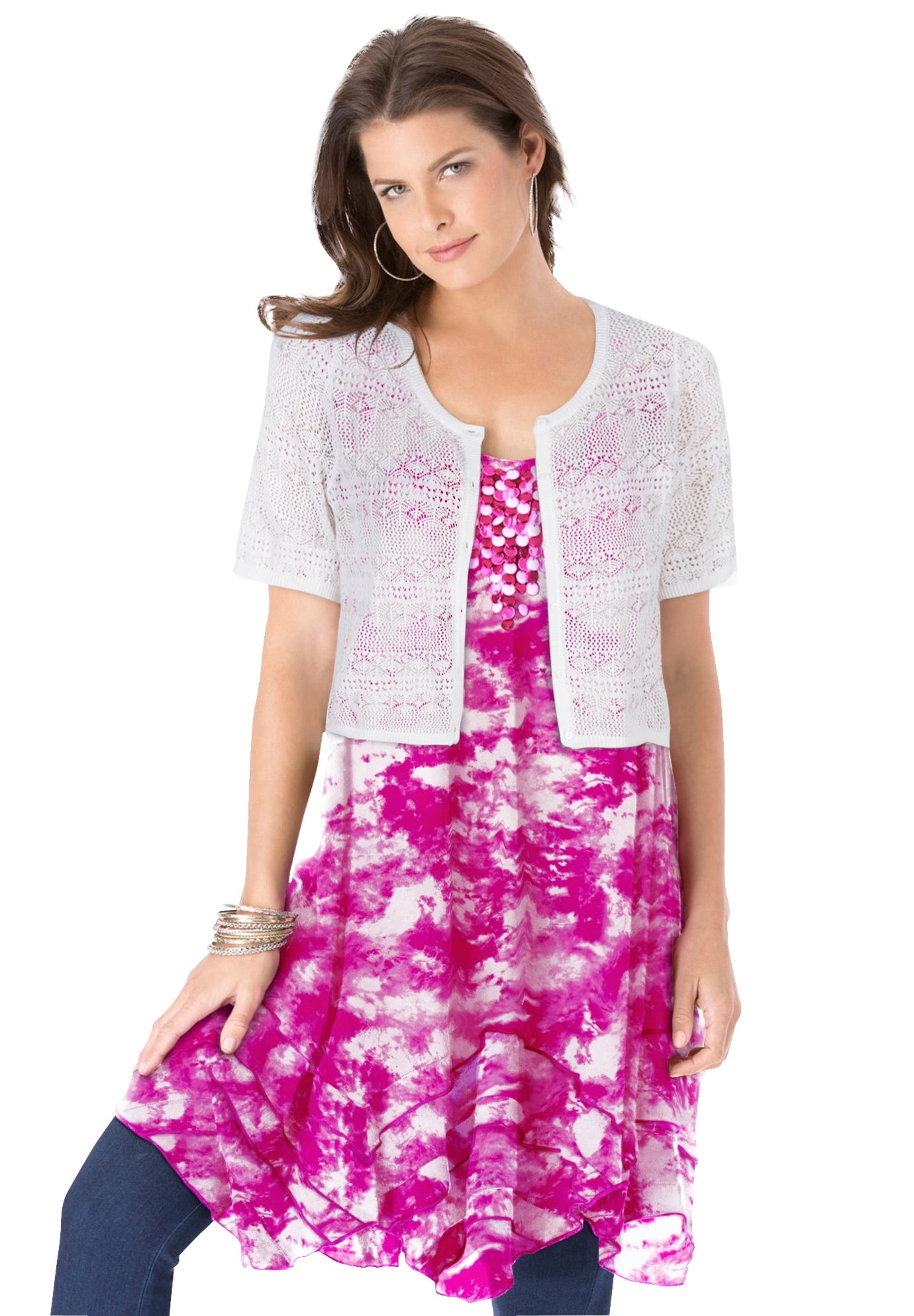 Roaman's Women's Plus Size Cropped Pointelle Short Sleeve Cardigan ...