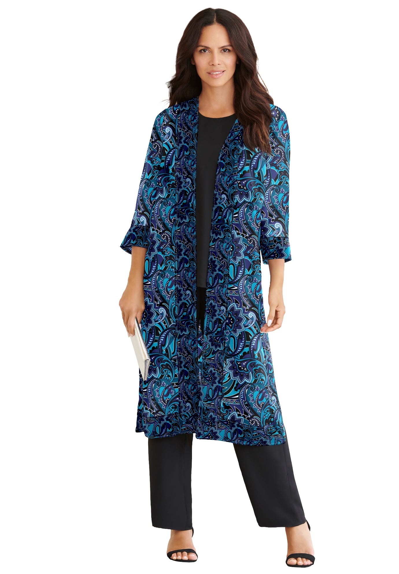 Roaman's Women's Plus Size Plus-Size 3/4 Sleeve 3 Piece Ity Printed Duster Pant Set - Walmart.com