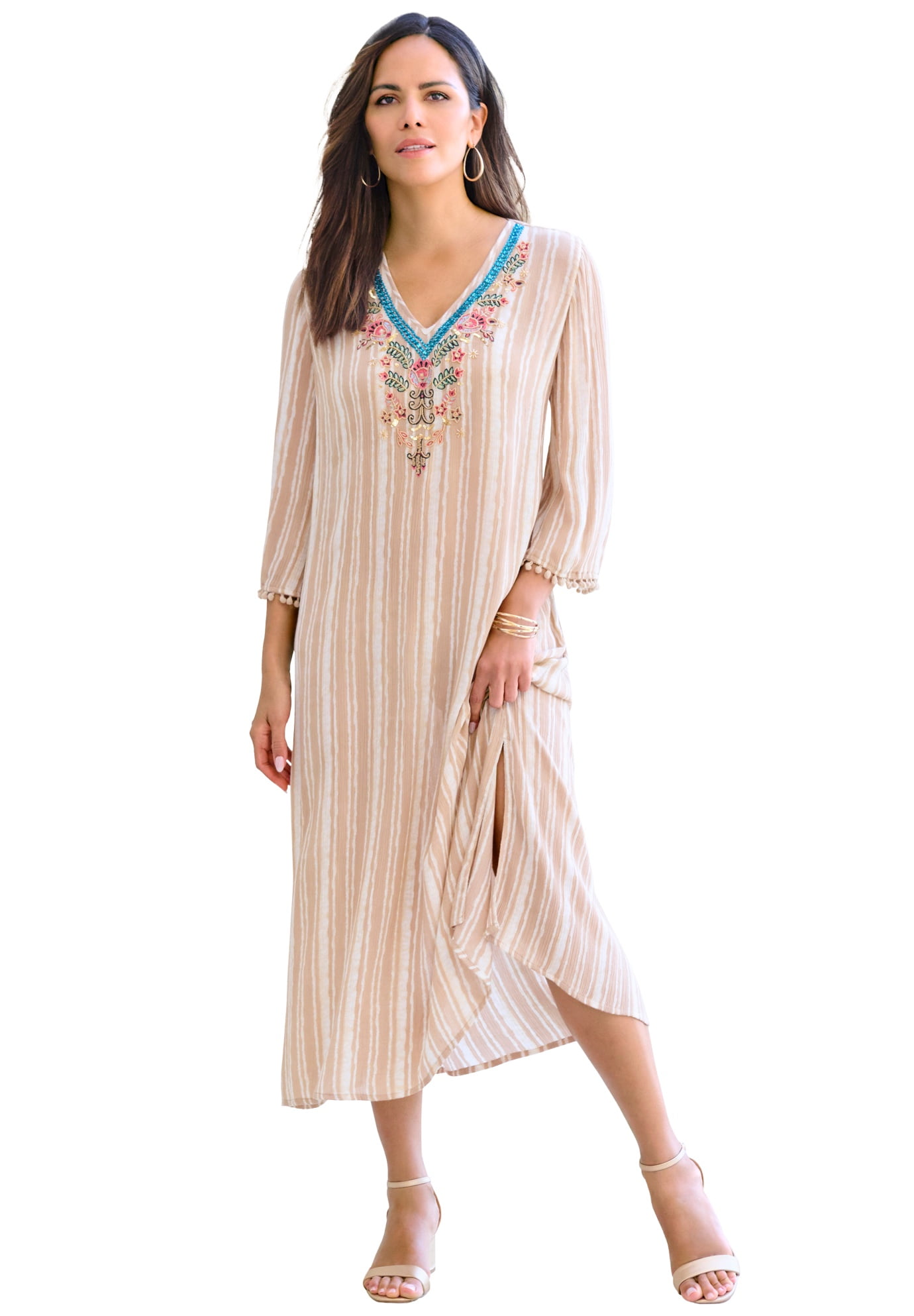 Roaman's Women's Plus Size Hand-Crinkled Embellished Kaftan - Walmart.com