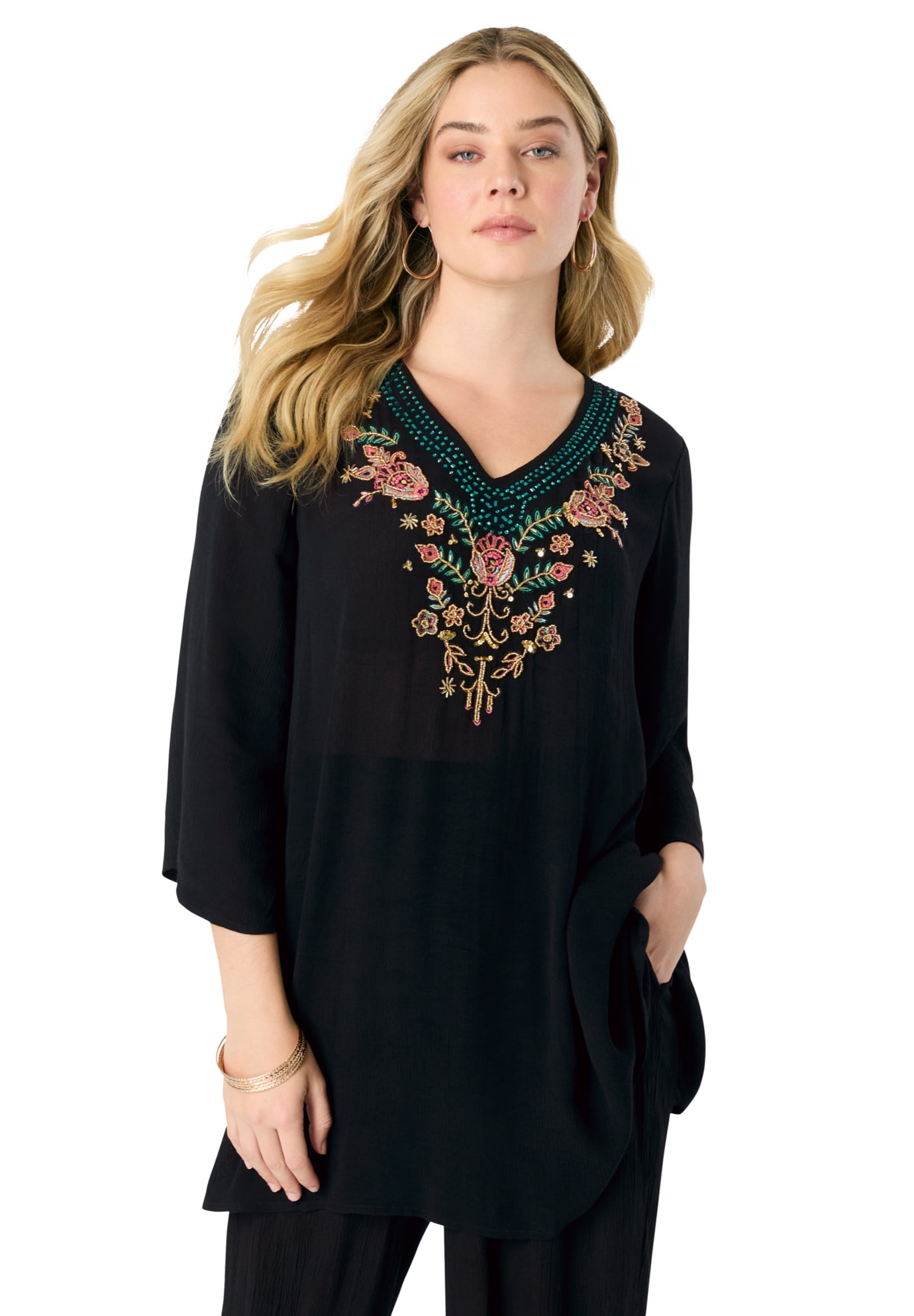 Roaman's Women's Plus Size Hand Crinkled Embellished Tunic - Walmart.com