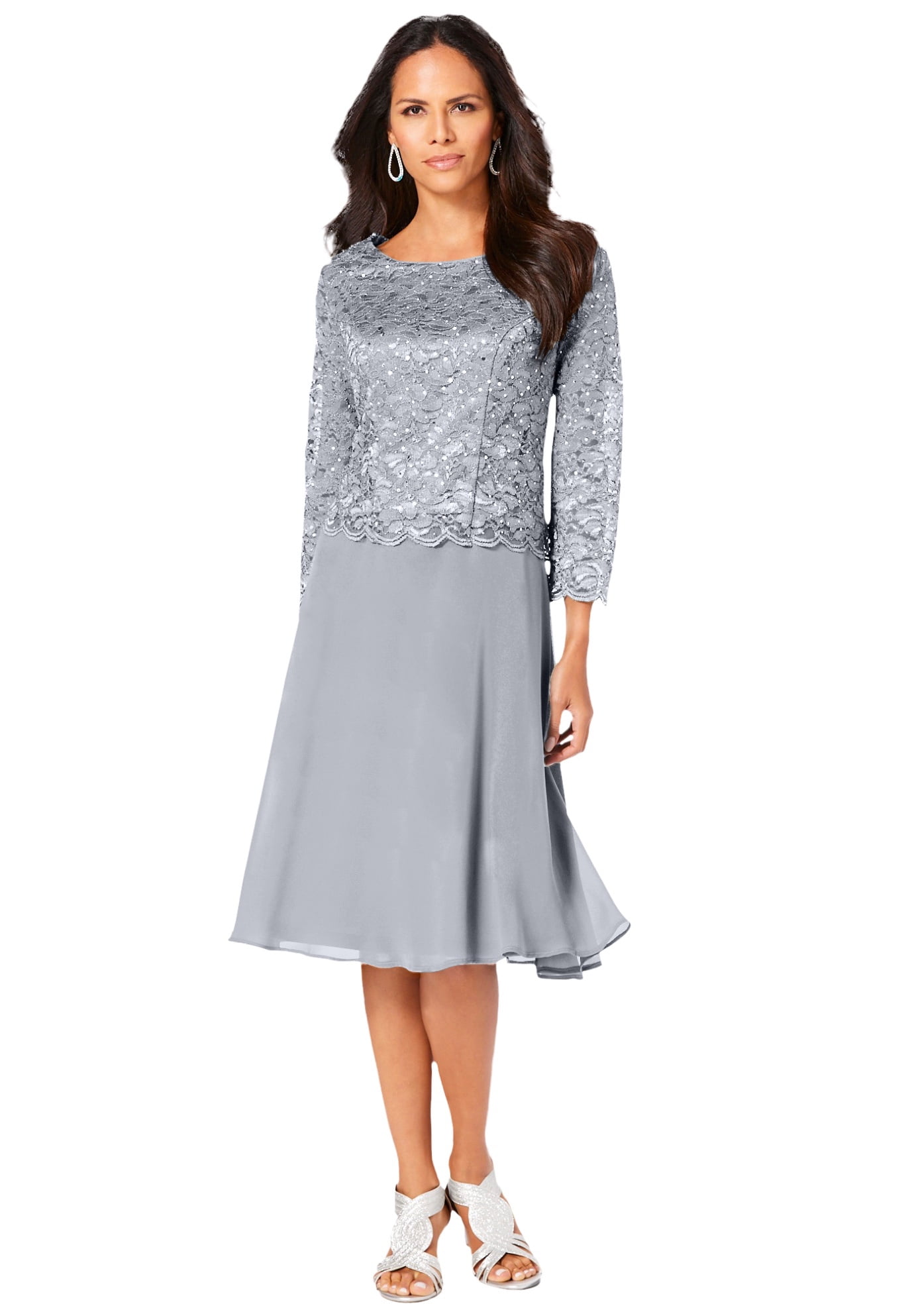 Roamans Womens Plus Size Embellished Lace And Chiffon Dress Formal