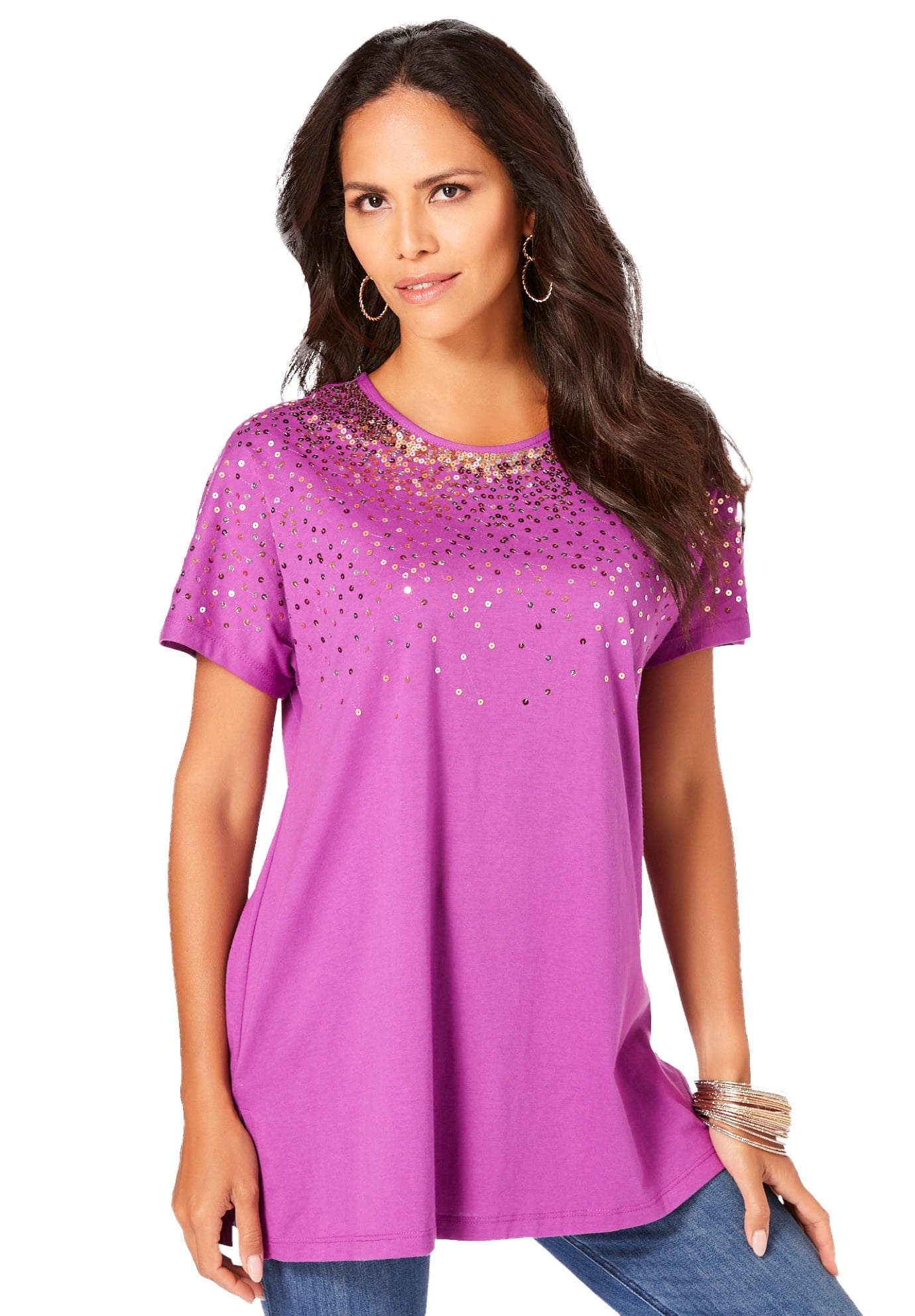 Roaman's Women's Plus Size Embellished Tunic With Side Slits - Walmart.com