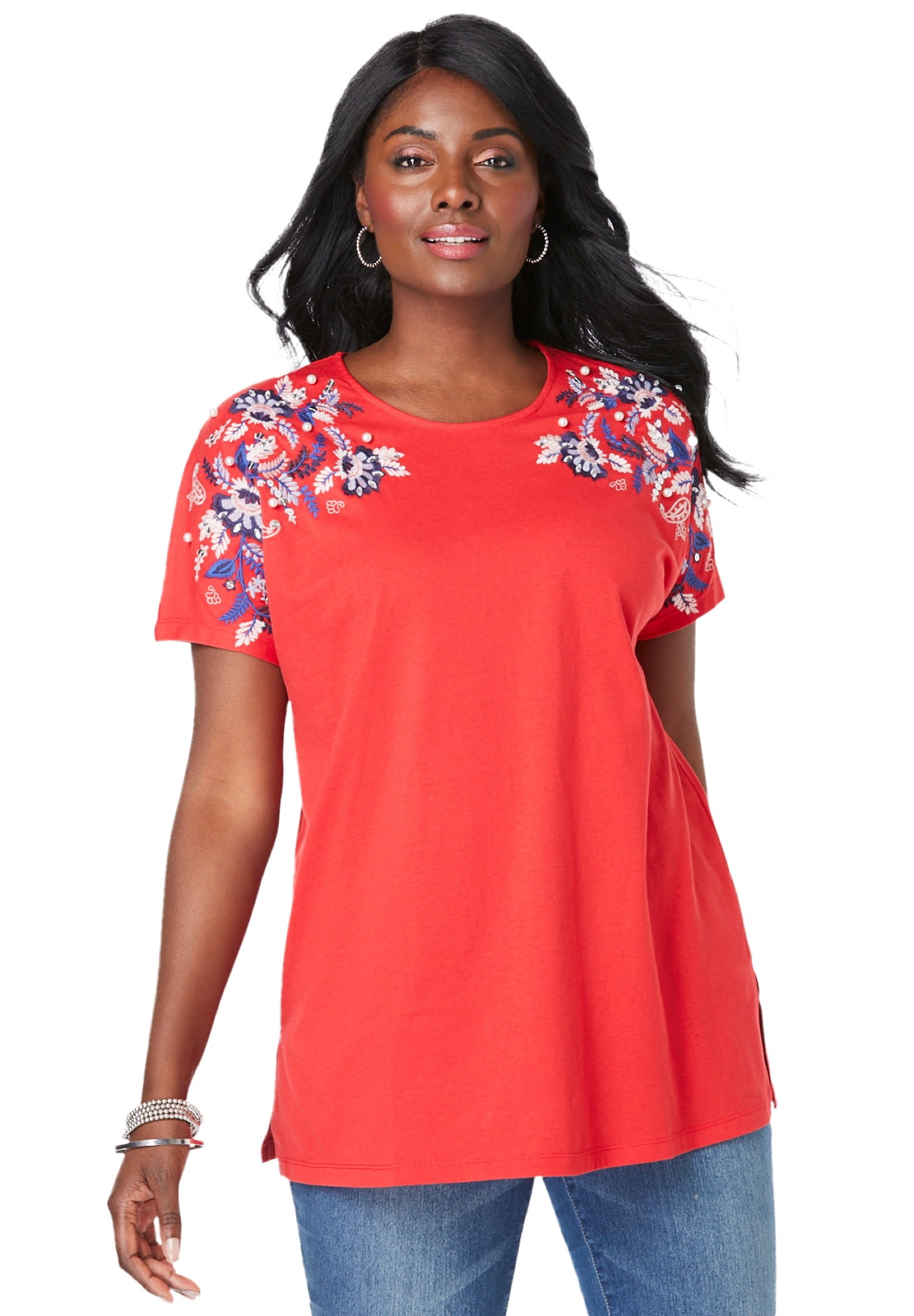 Roaman's Women's Plus Size Embellished Tunic With Side Slits - Walmart.com