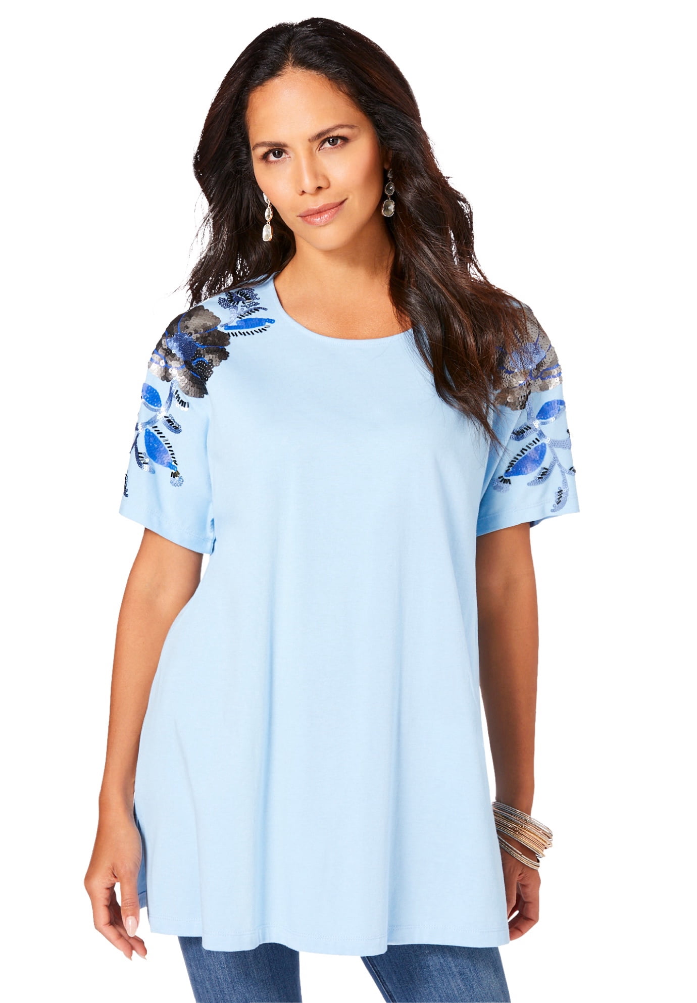 Roaman's Women's Plus Size Embellished Tunic With Side Slits Long Shirt ...
