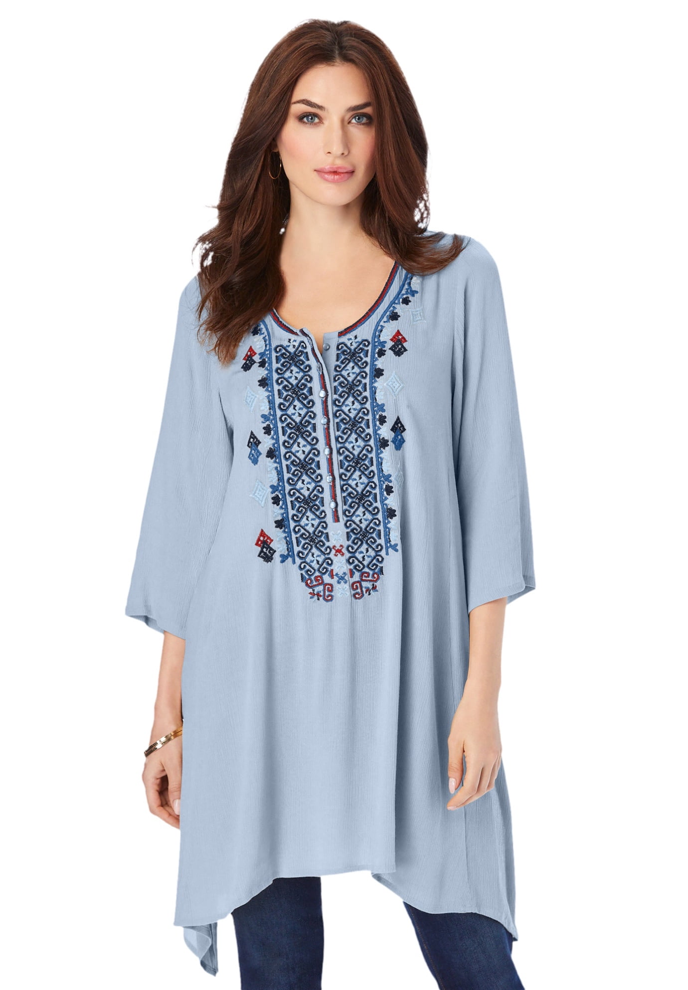 Roaman's Women's Plus Size Embroidered Henley Tunic - 16 W, Pale Blue ...