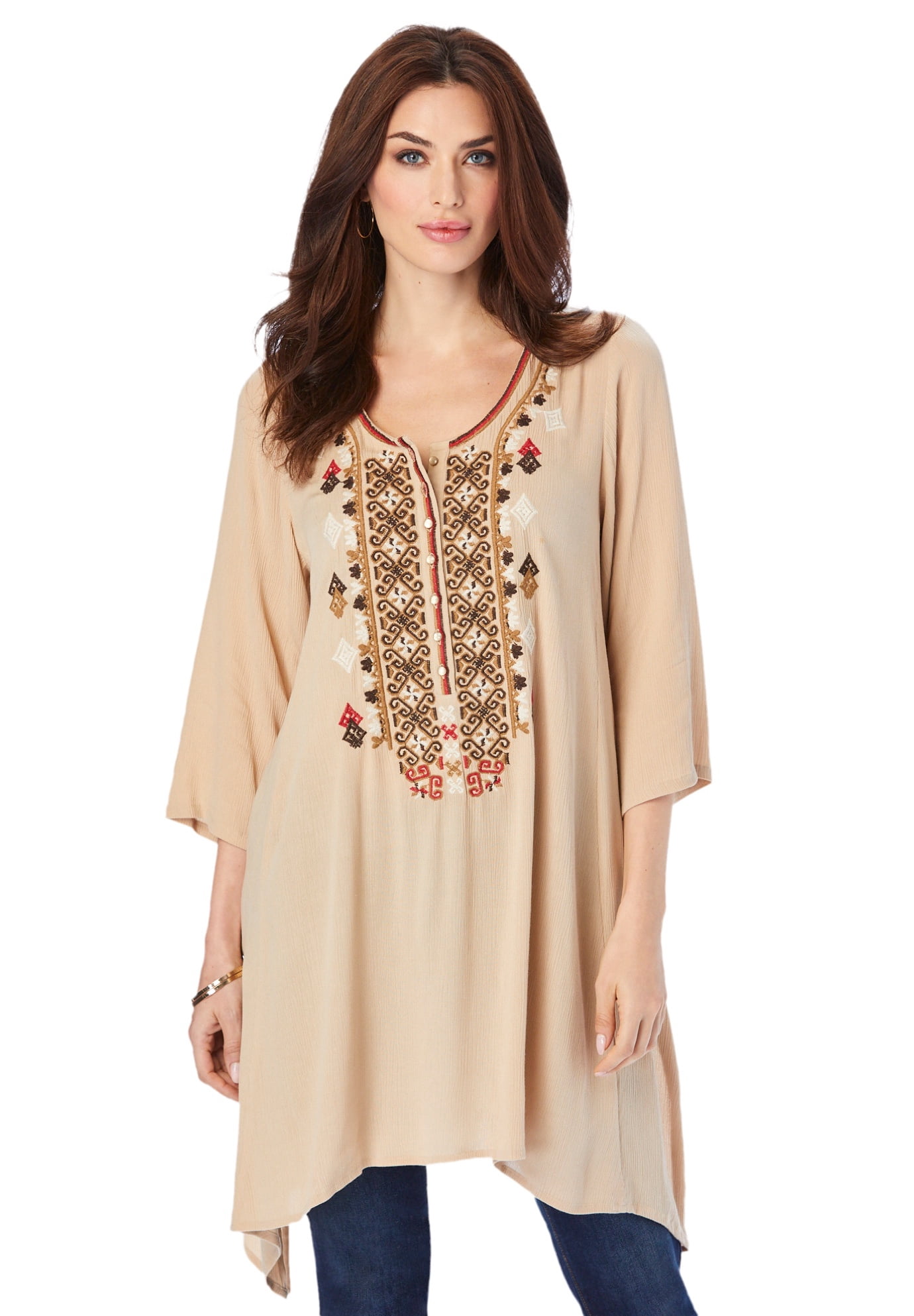 Roaman's Women's Plus Size Embroidered Henley Tunic - Walmart.com