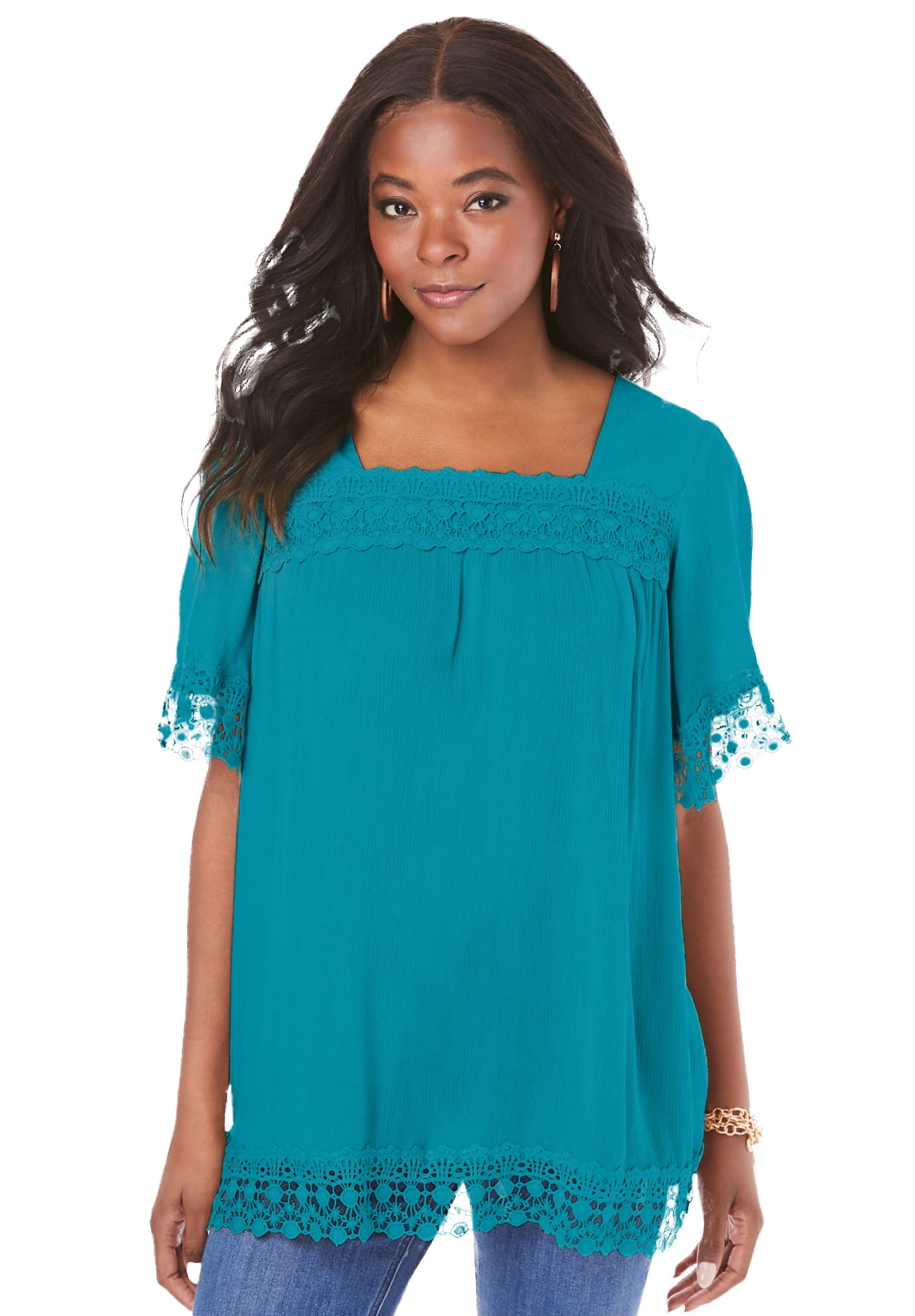 Roaman's Women's Plus Size Embroidered Lace Crinkle Top - Walmart.com