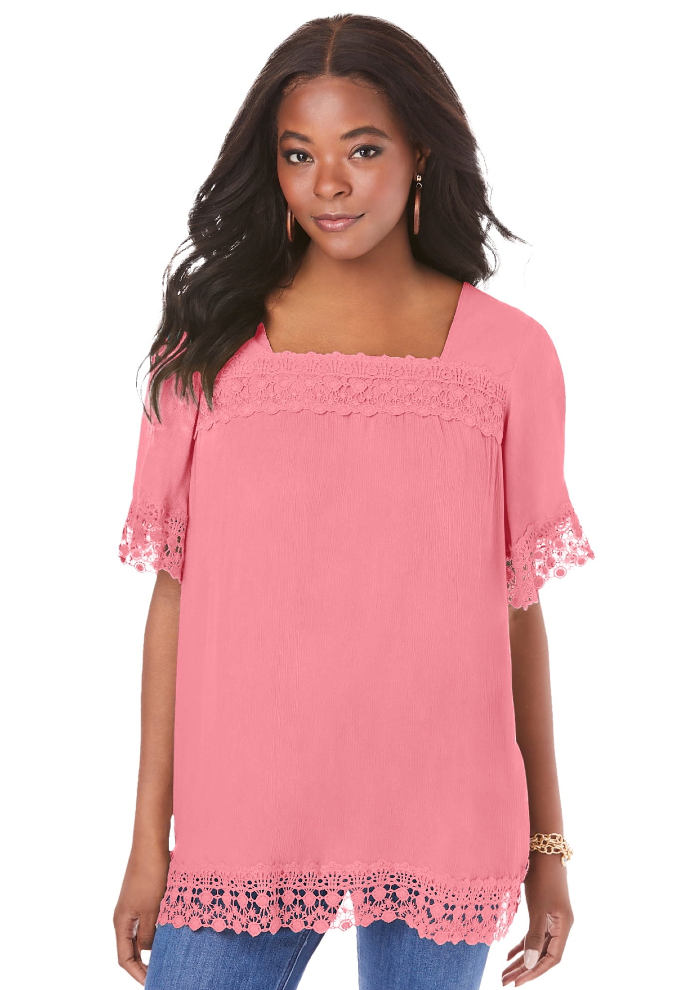 Roaman's Women's Plus Size Embroidered Lace Crinkle Top - Walmart.com