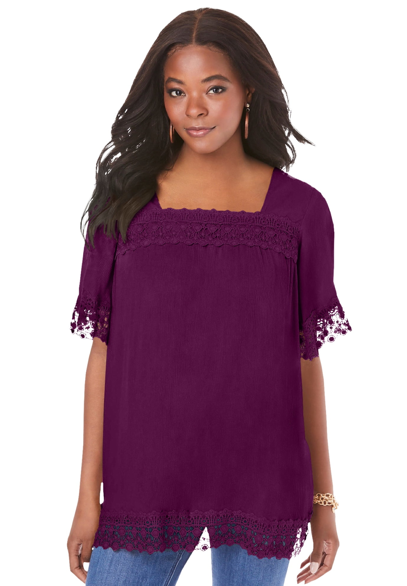 Roaman's Women's Plus Size Embroidered Lace Crinkle Top - Walmart.com