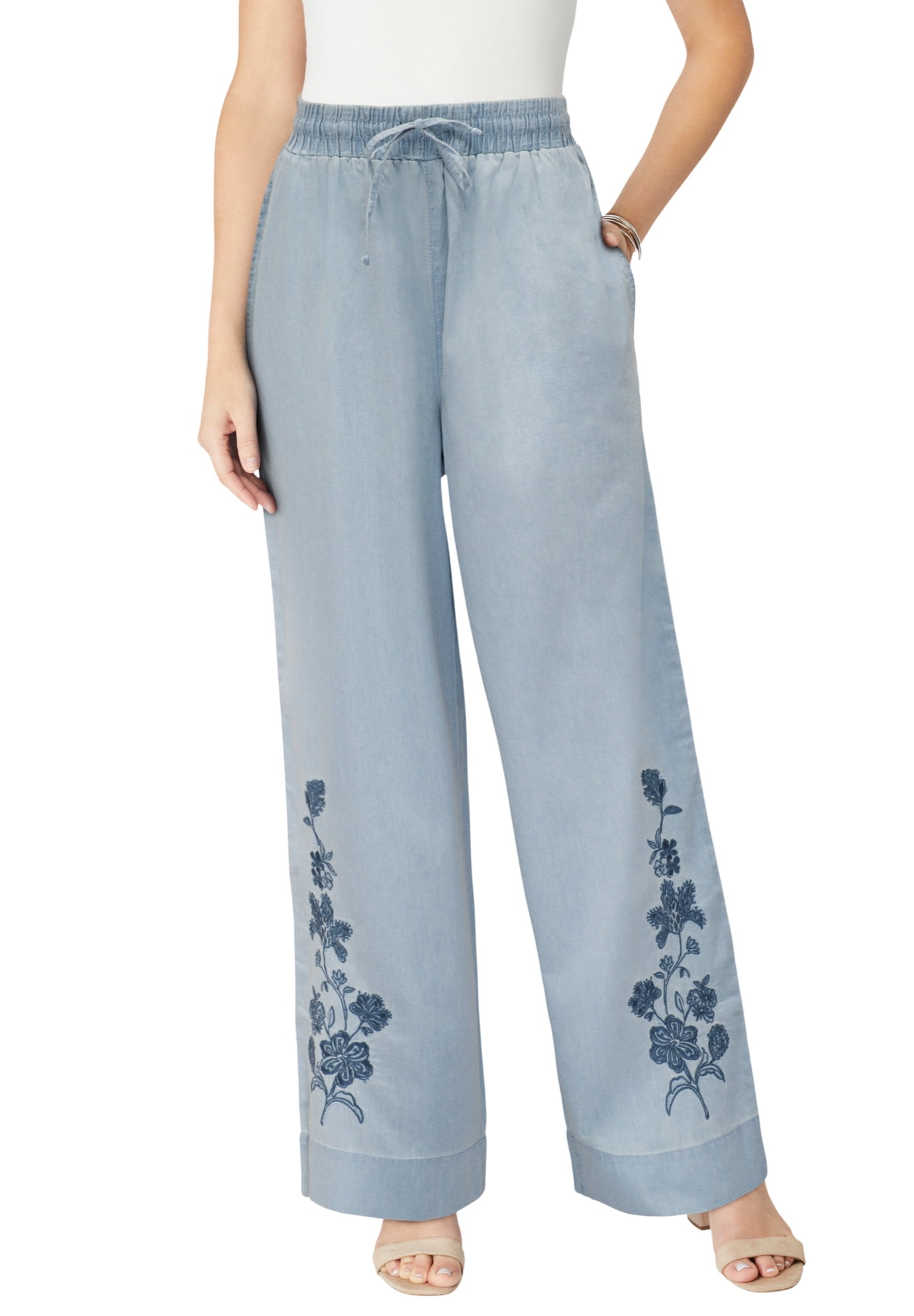 Roaman's Women's Plus Size Embroidered Pull-On Wide-Leg Chambray Pant - Walmart.com