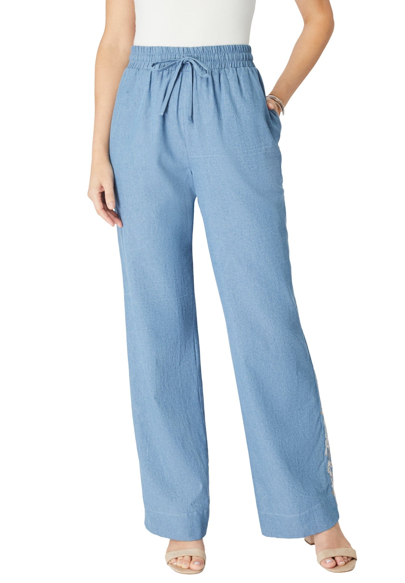 Roaman's Women's Plus Size Embroidered Pull-On Wide-Leg Chambray Pant - Walmart.com