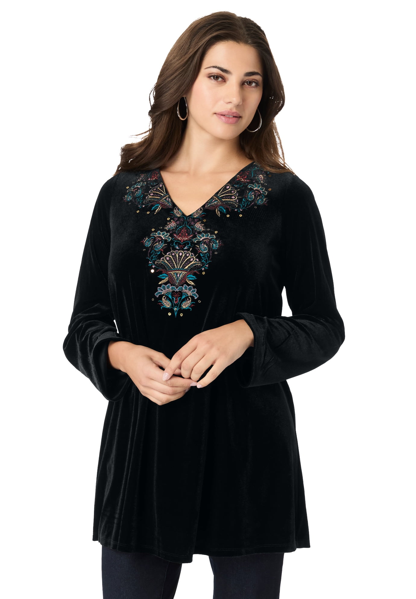Roaman's Women's Plus Size Embroidered Velour Blouse - Walmart.com