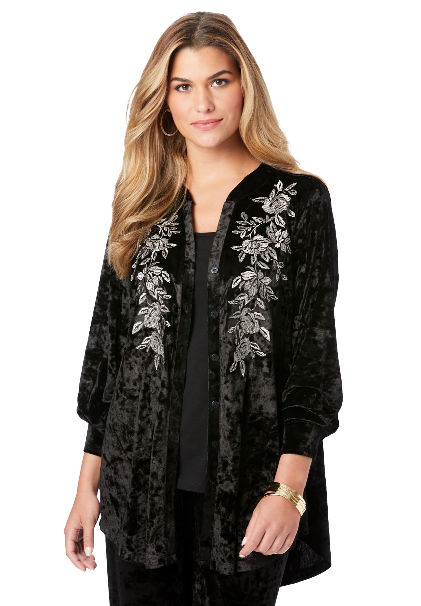 Roaman's Women's Plus Size Embroidered Velour Button-Down Top - Walmart.com