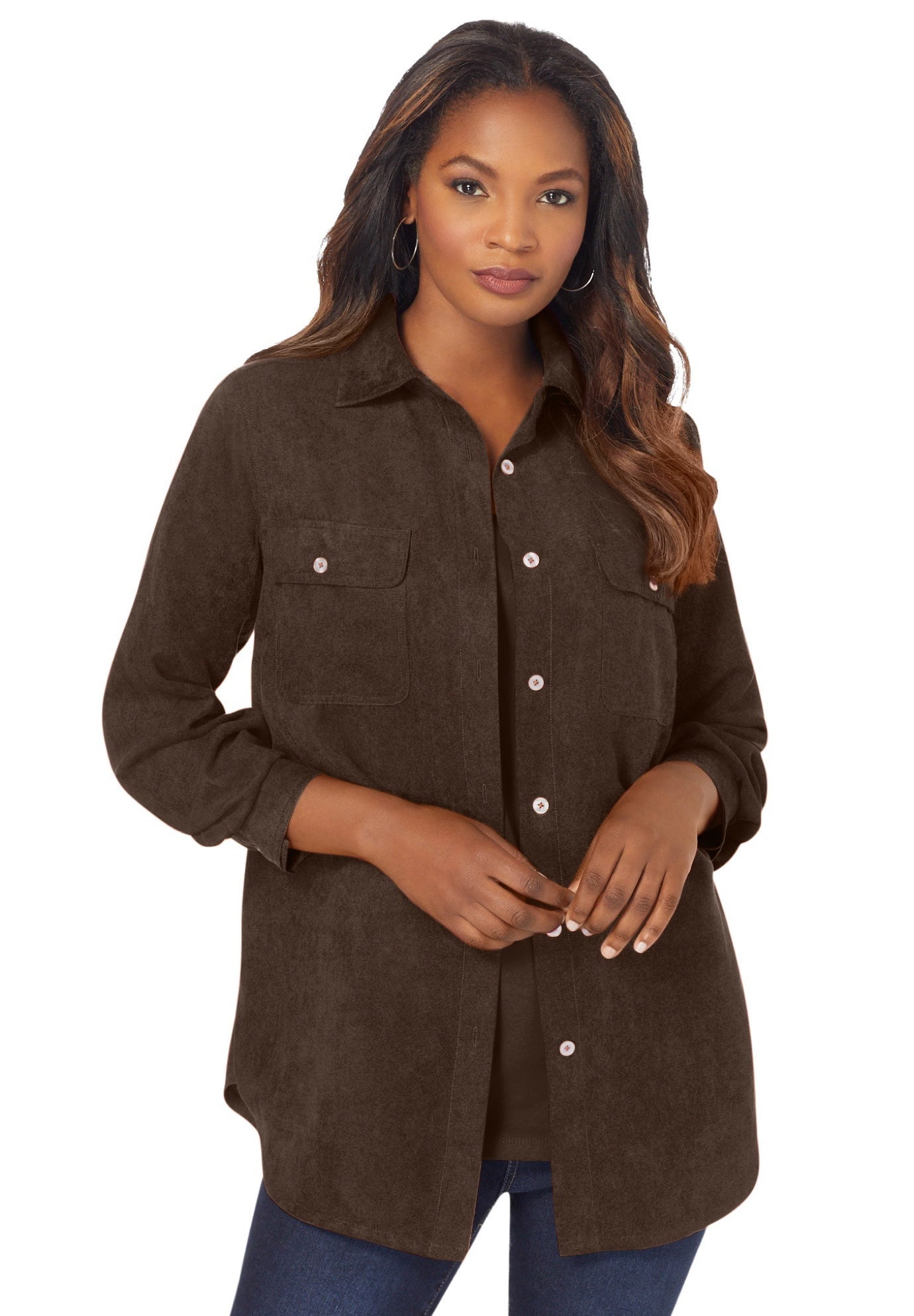 Roaman's Women's Plus Size Faux Suede Button-Front Shirt - Walmart.com