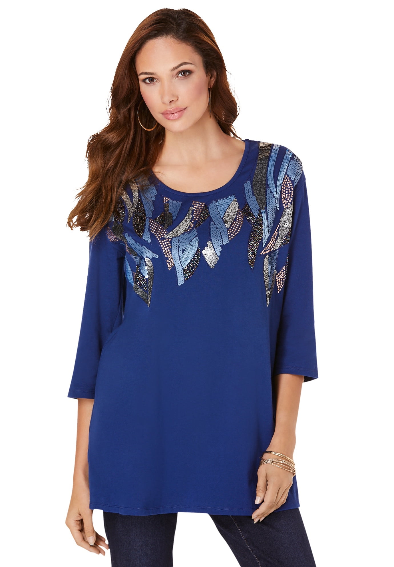 Roaman's Women's Plus Size Feather Sequin Tunic - 18/20, Evening Blue ...
