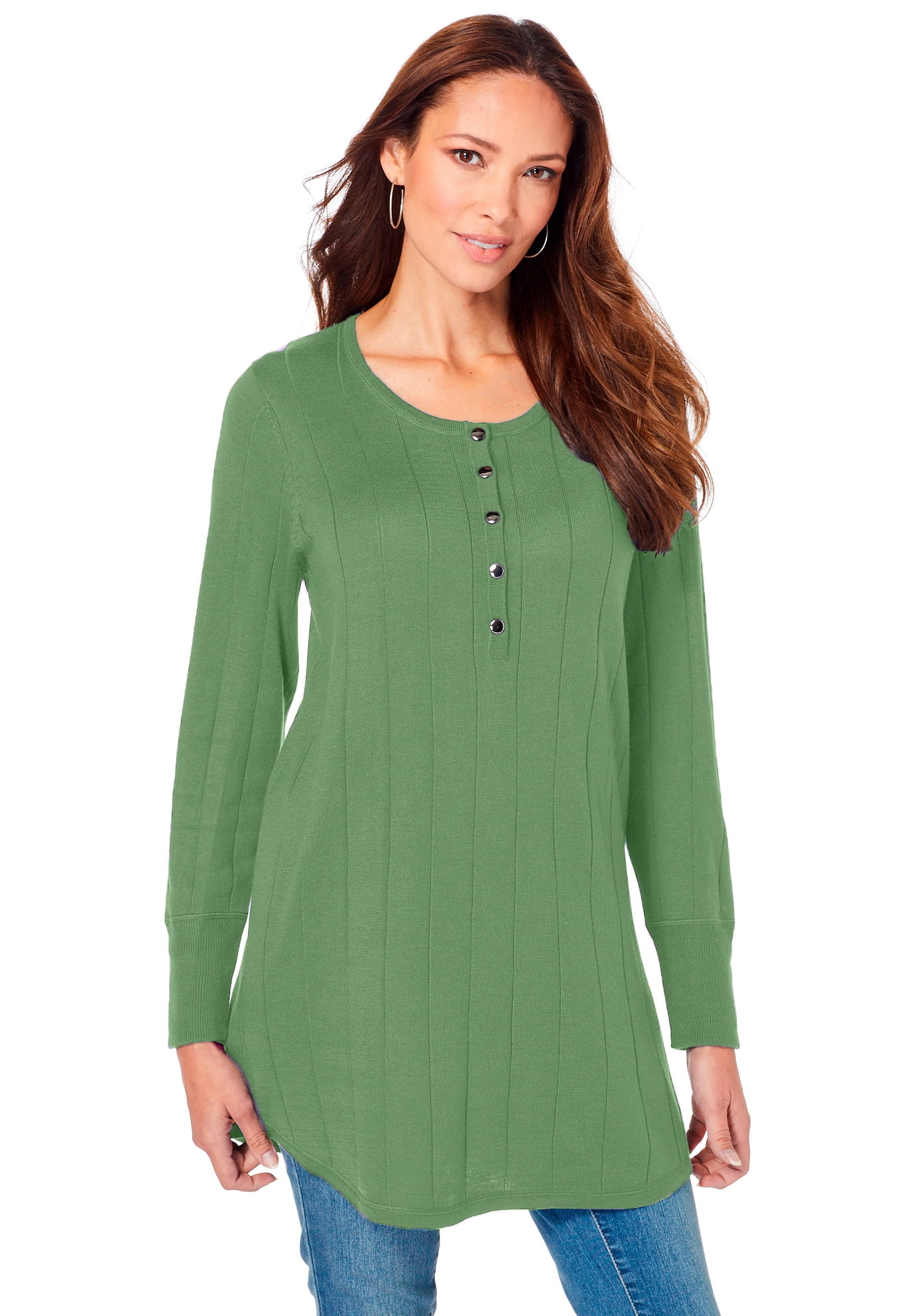 Roaman's Women's Plus Size Fine Gauge Drop Needle Henley Sweater ...