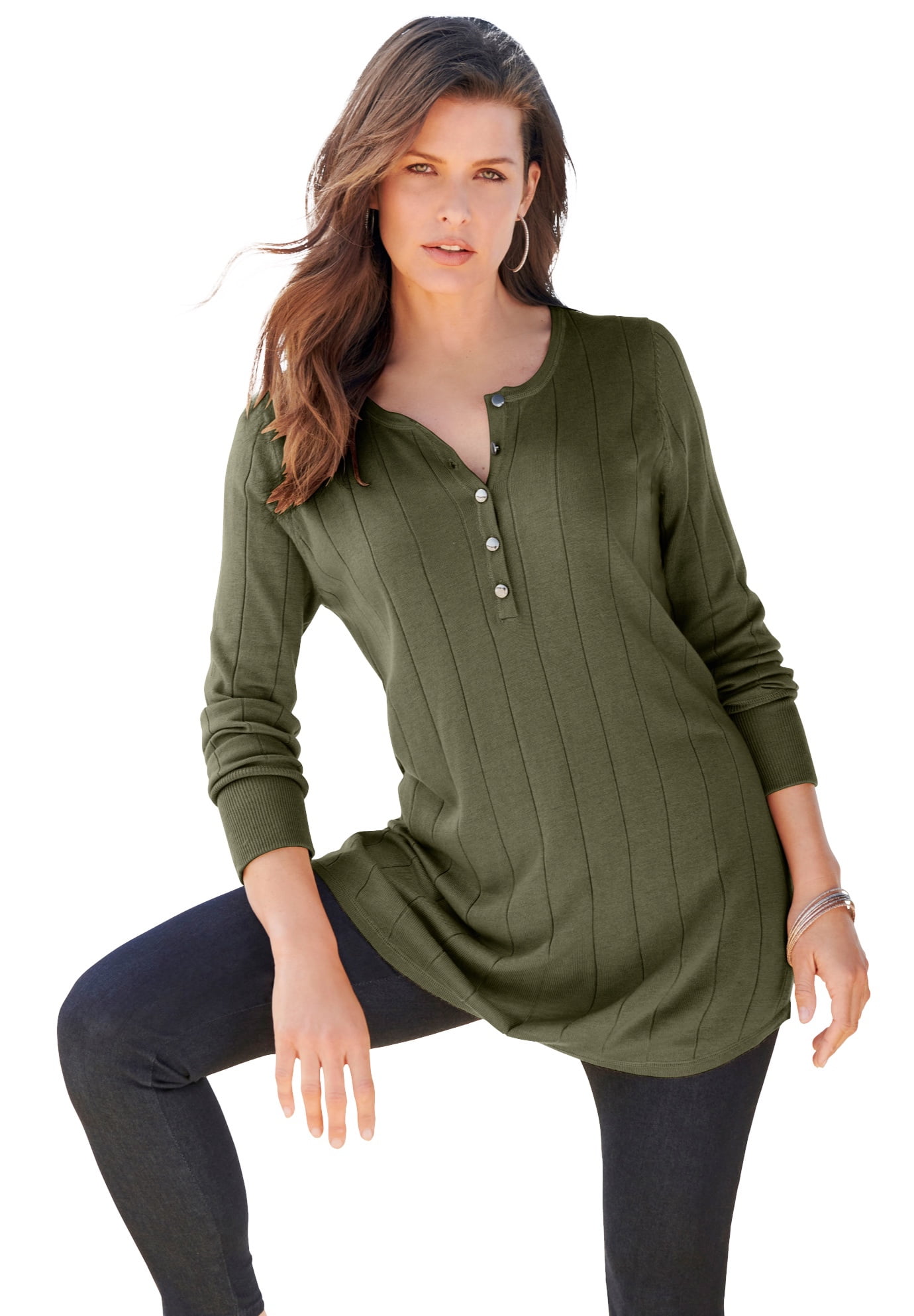 Roaman's Women's Plus Size Drop Needle Henley Lightweight Sweater Knit ...