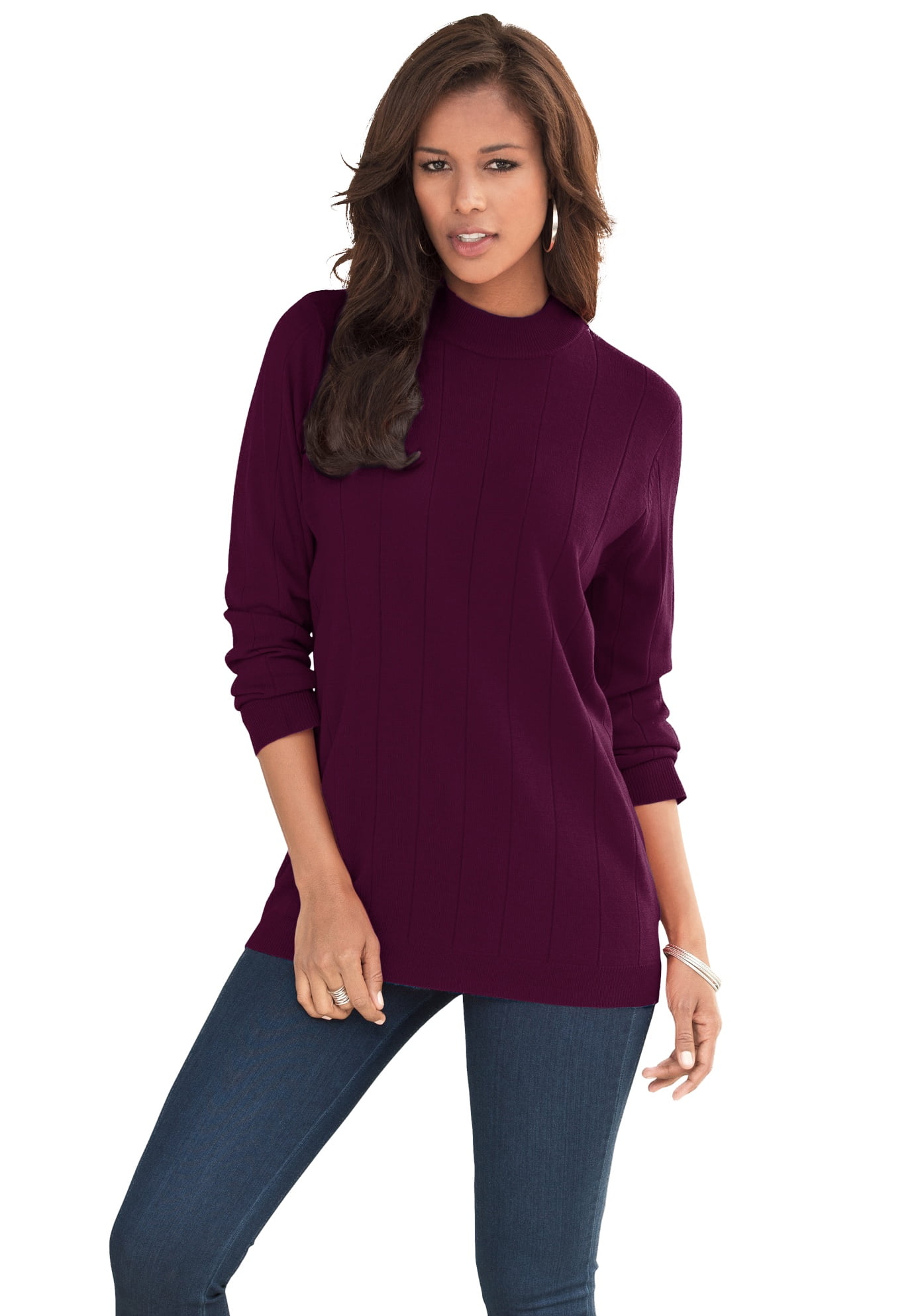 Roaman's Women's Plus Size Fine Gauge Drop Needle Mockneck Sweater ...