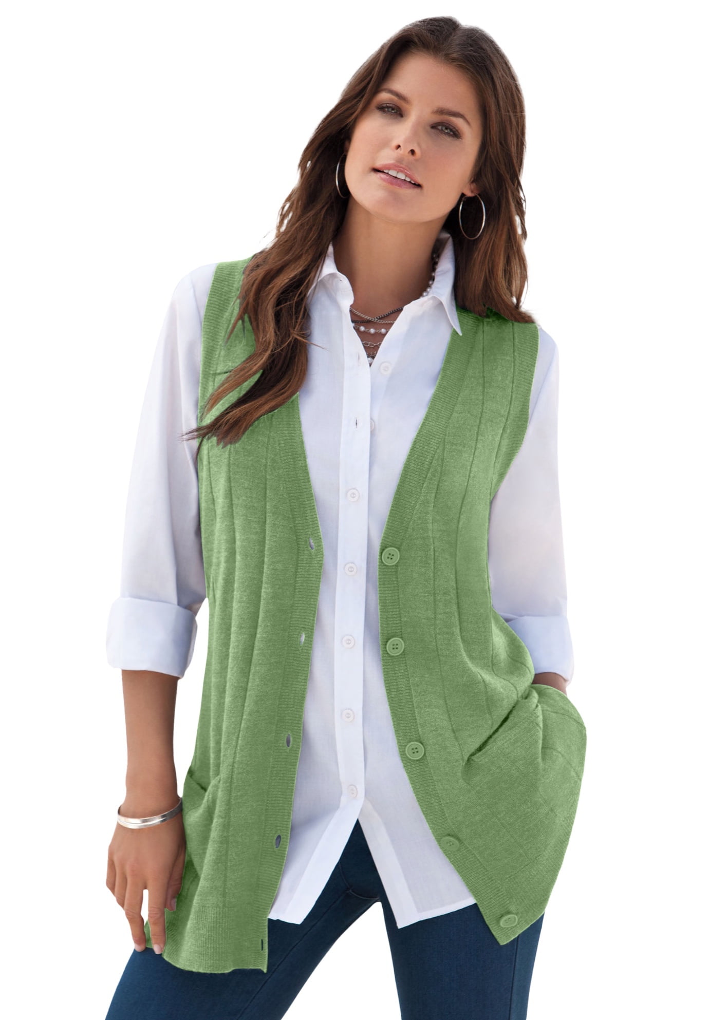Roaman's Women's Plus Size Fine Gauge Drop Needle Sweater Vest ...