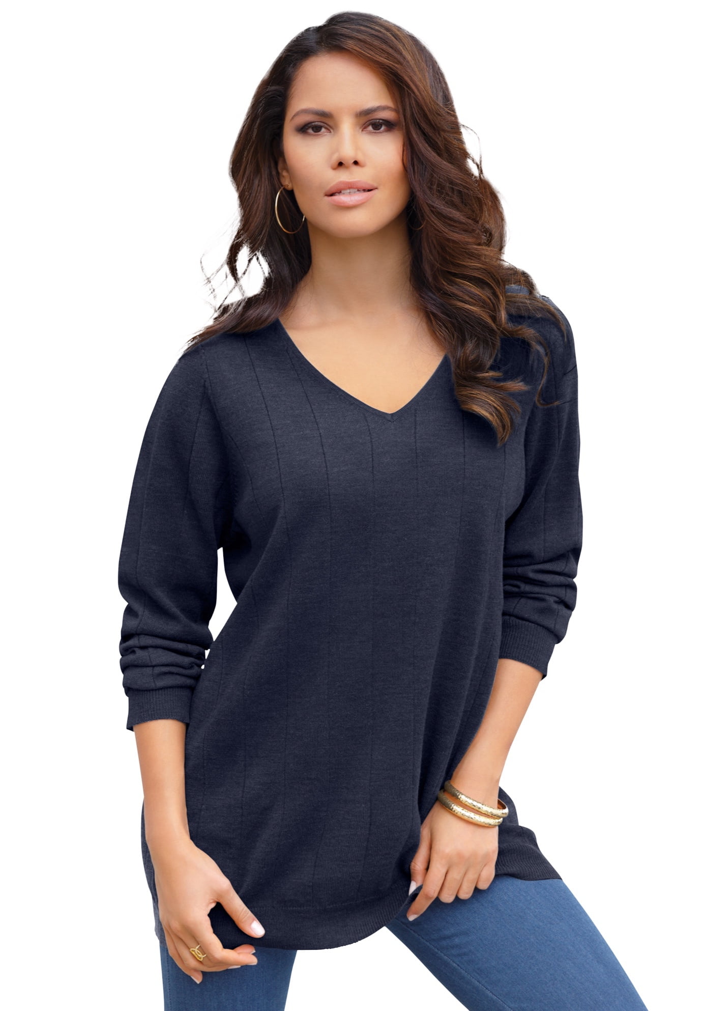 Roaman's Women's Plus Size Fine Gauge Drop Needle V-Neck Sweater ...