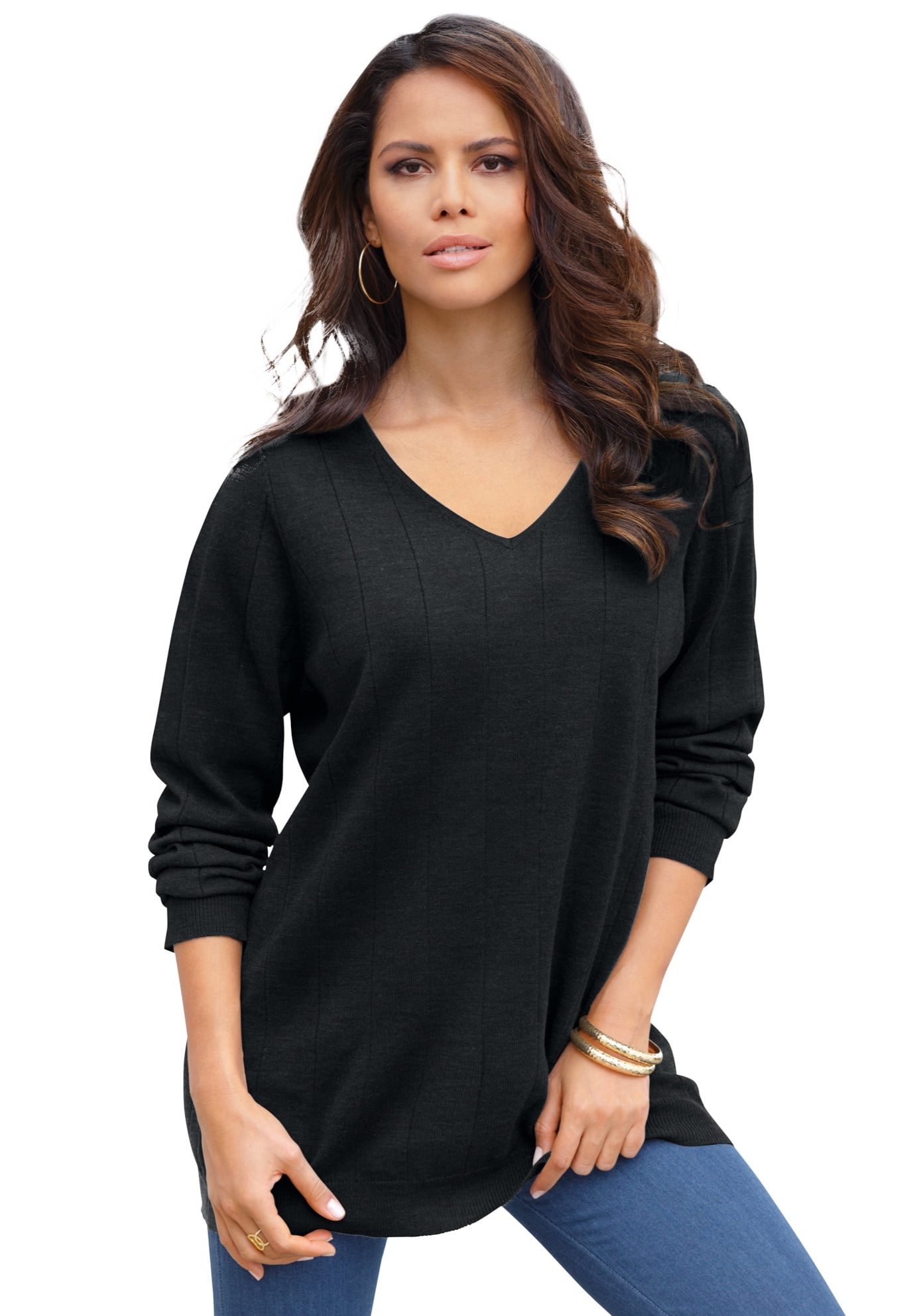 Roaman's Women's Plus Size Fine Gauge Drop Needle V Neck Sweater ...
